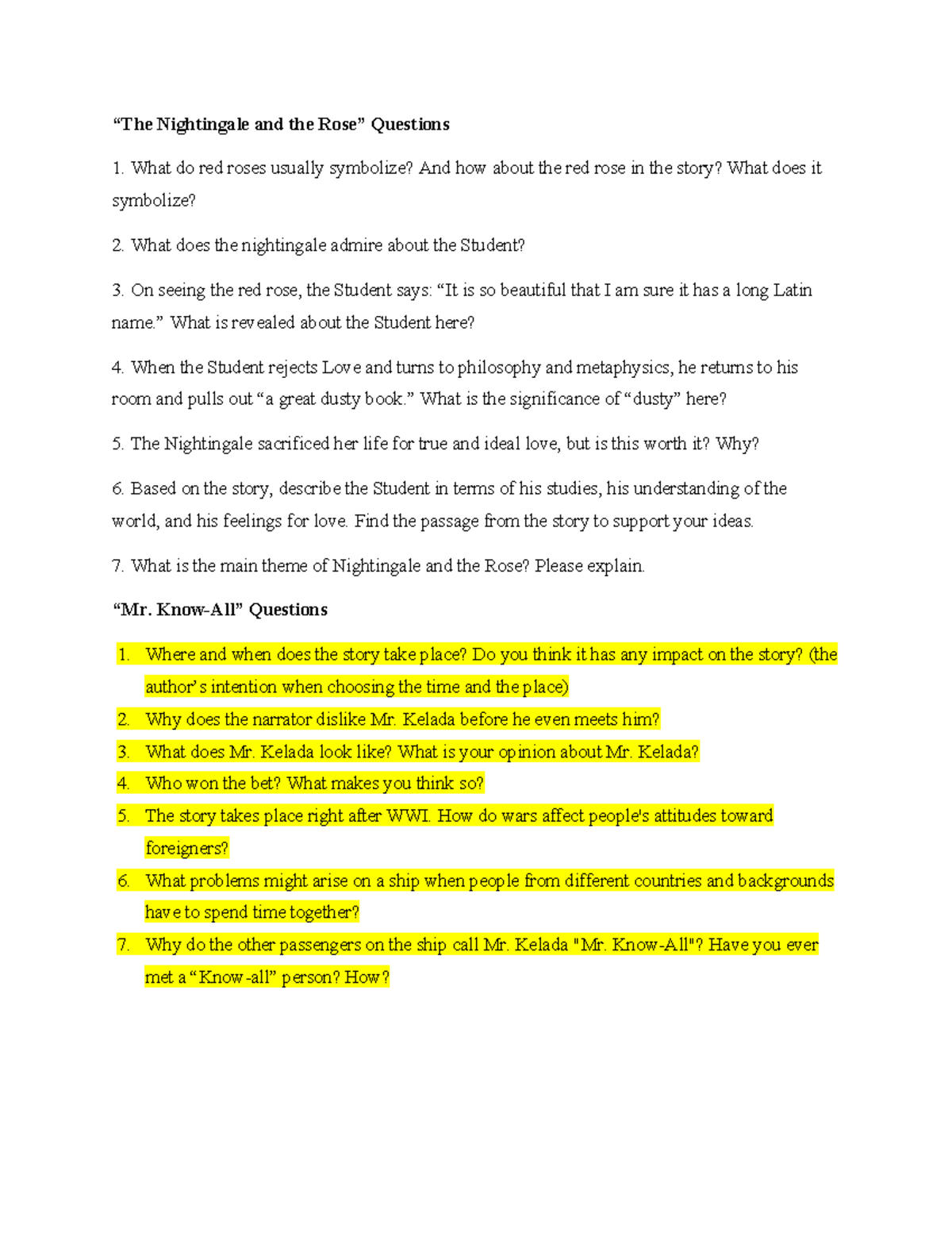 Questions for discussion -Q&A session - “The Nightingale and the Rose ...