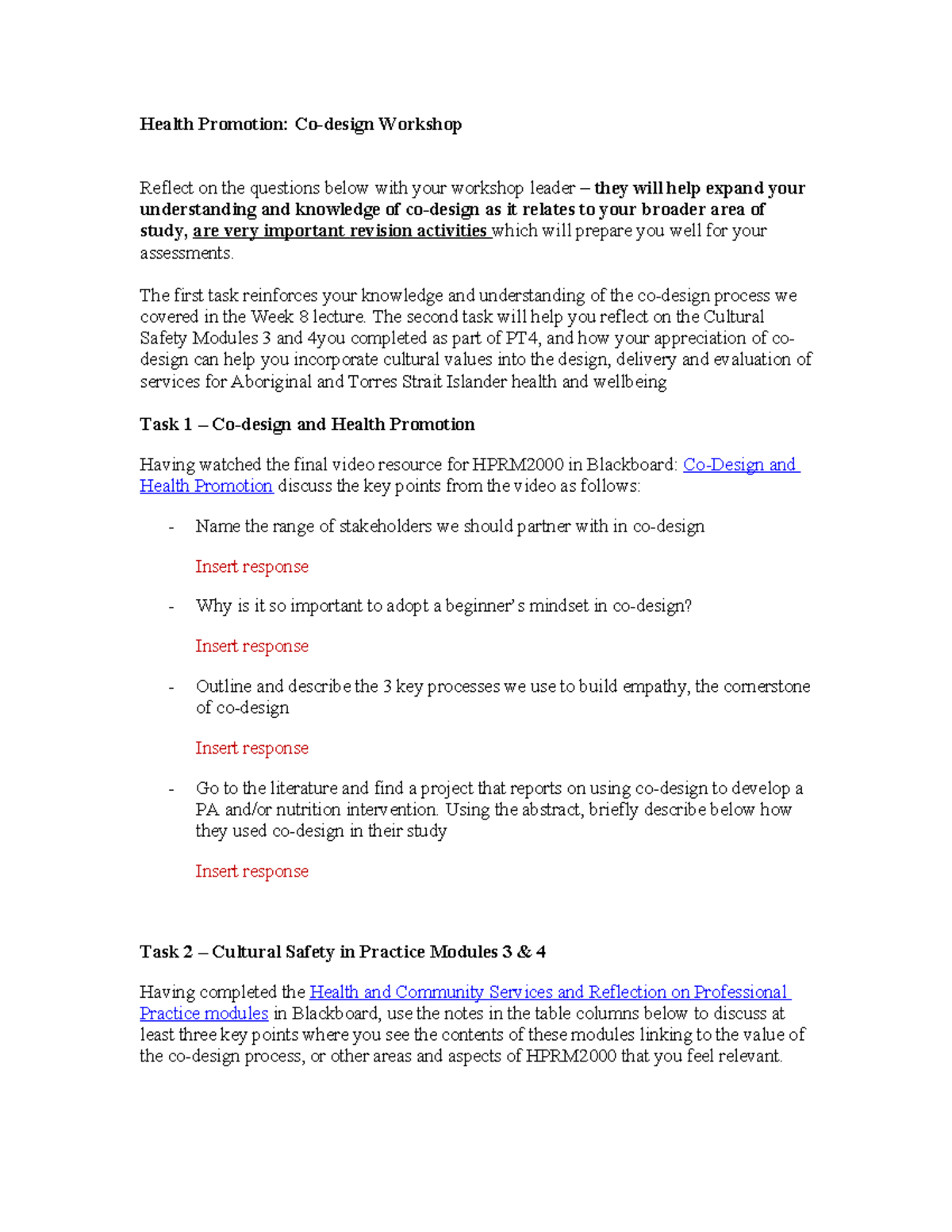 Week 9 Week 9 Practical Sheet Health Promotion Co Design Workshop Reflect On The Questions