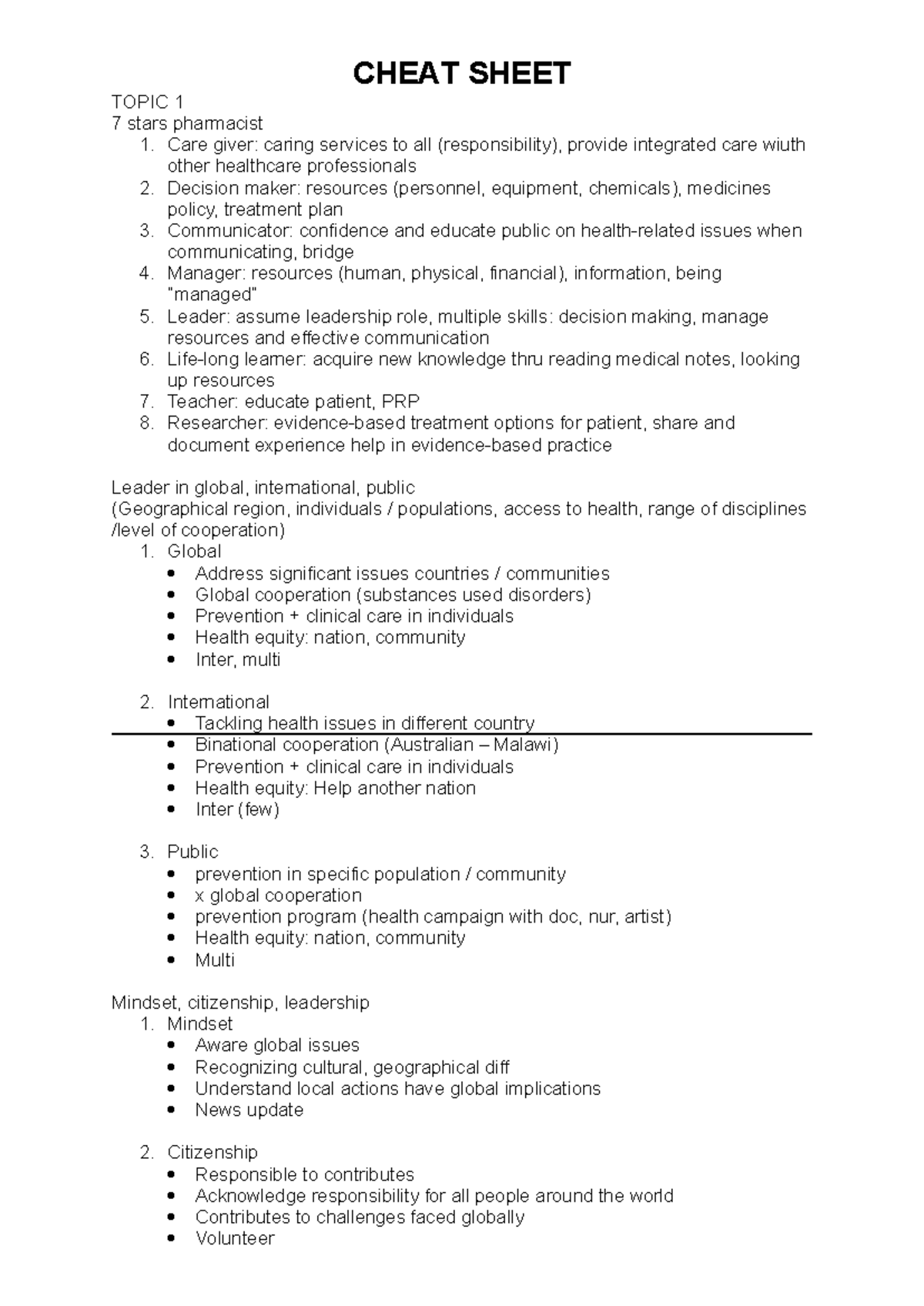 Cheat Sheet info - CHEAT SHEET TOPIC 1 7 stars pharmacist 1. Care giver ...