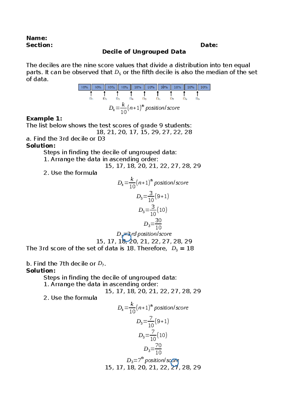 Activity Module Decile of Ungrouped Data - Name: Section: Date: Decile ...