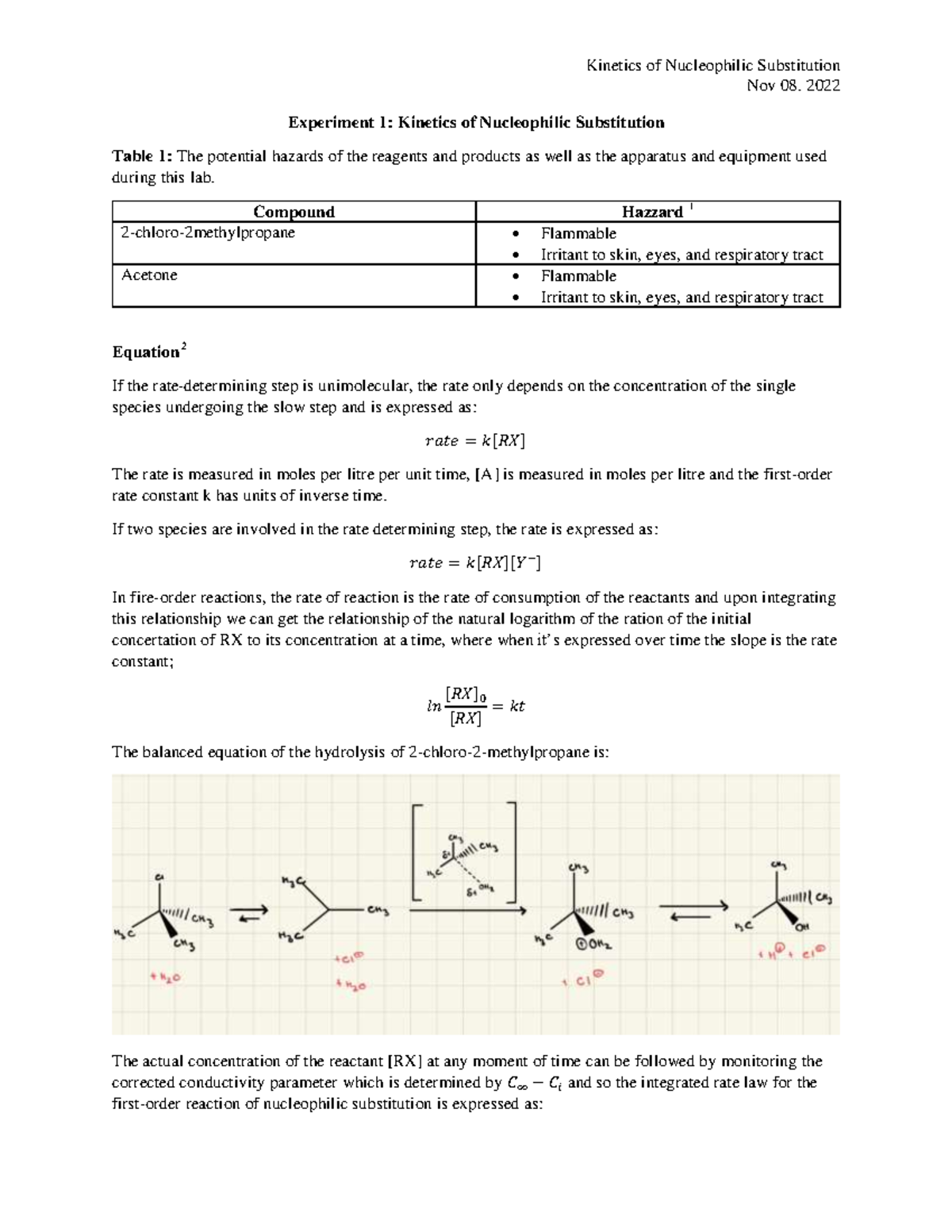 Exp 1-pre lab - pre lab for exp 1 - Nov 08. 2022 Experiment 1: Kinetics of Nucleophilic ...