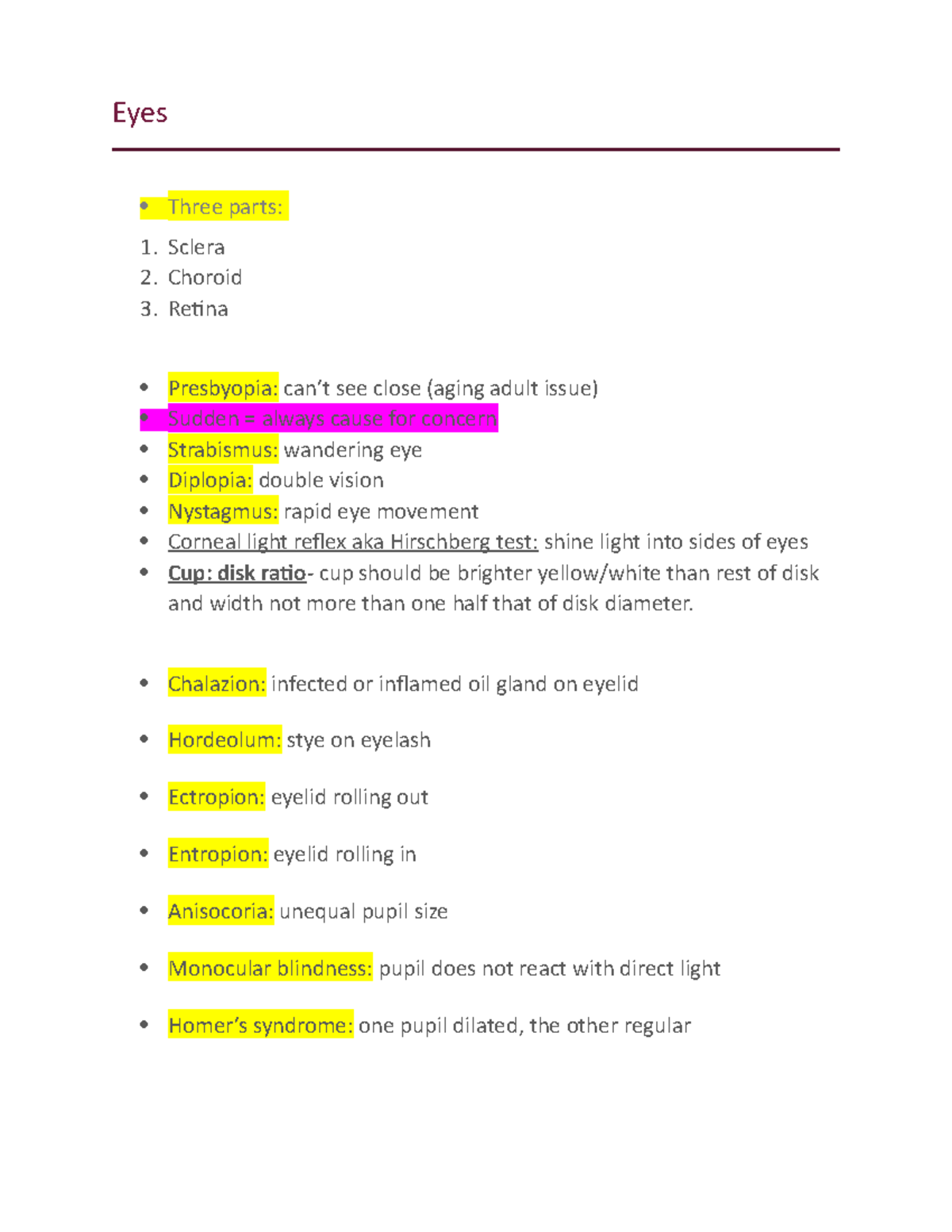 Eye notes - Important things to know about the eyes, helps for the ...