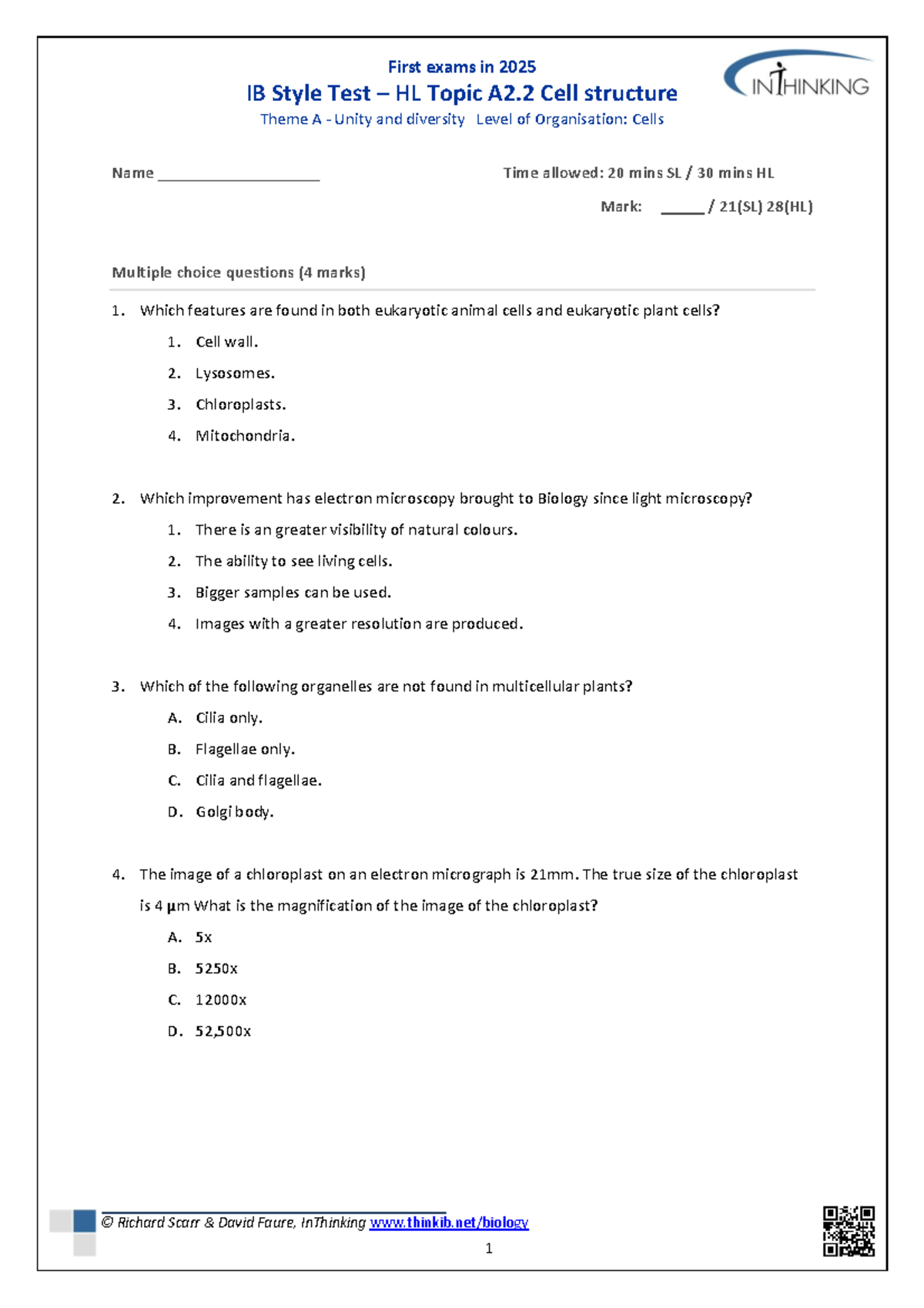 A2.2 Cell structure topic test v3 - IB Style Test – HL Topic A2. 2 Cell ...