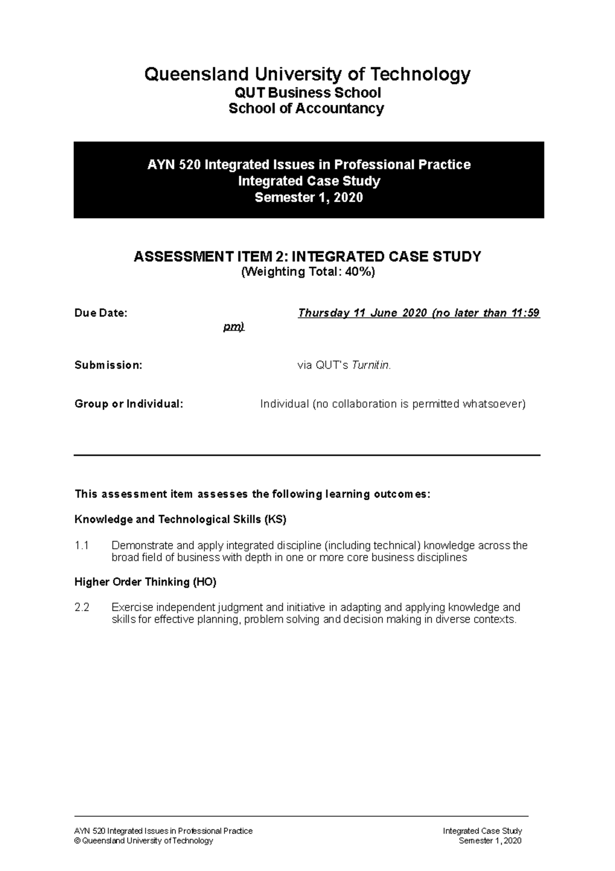 Integrated Case Study - Semester 1, 2020 - Queensland University of ...