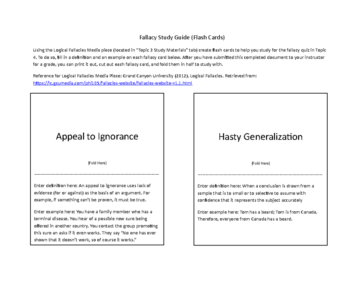 Study guide over fallacies - PHI-105 - GCU - Studocu