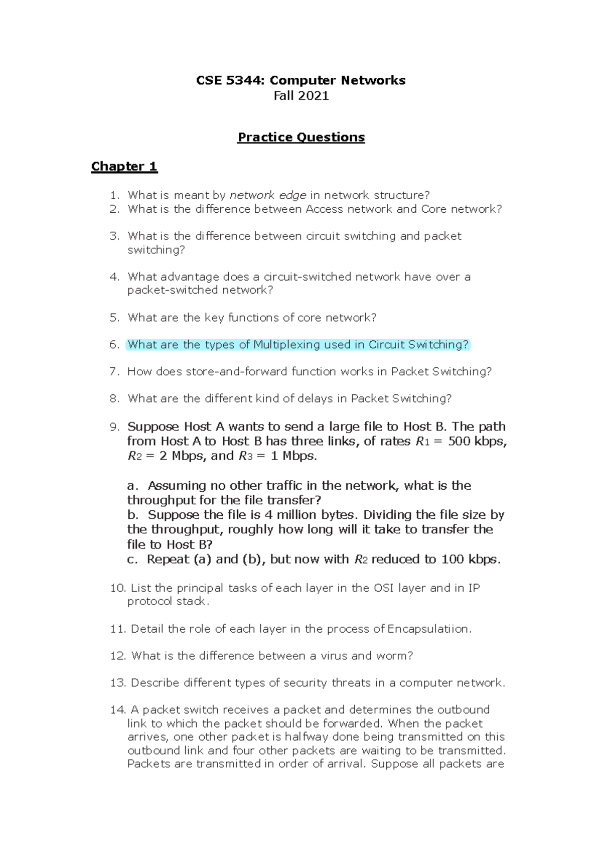 CN Practice Questions - Assignment Sample paper - CSE 5344: Computer Networks Fall 2021 Practice ...