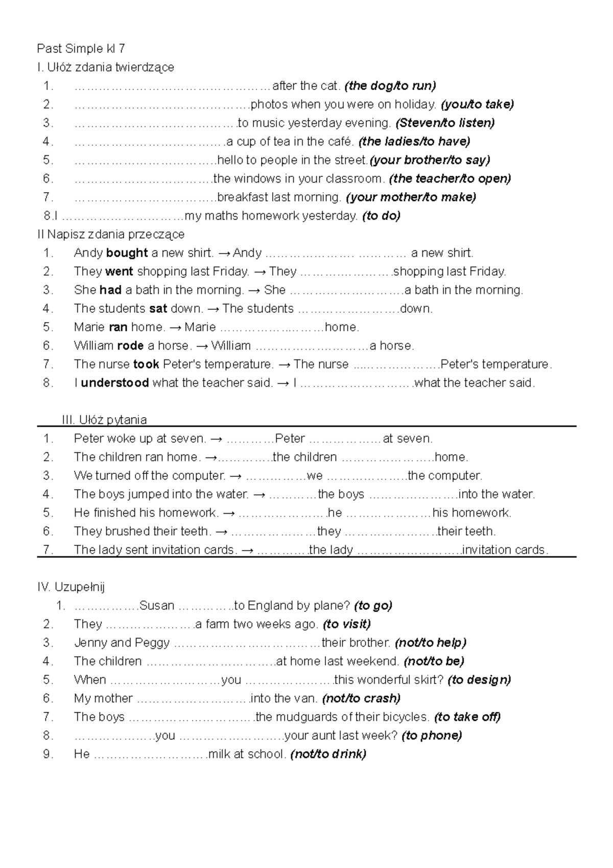 Past simple - Ułóż zdania twierdzące 1 ...