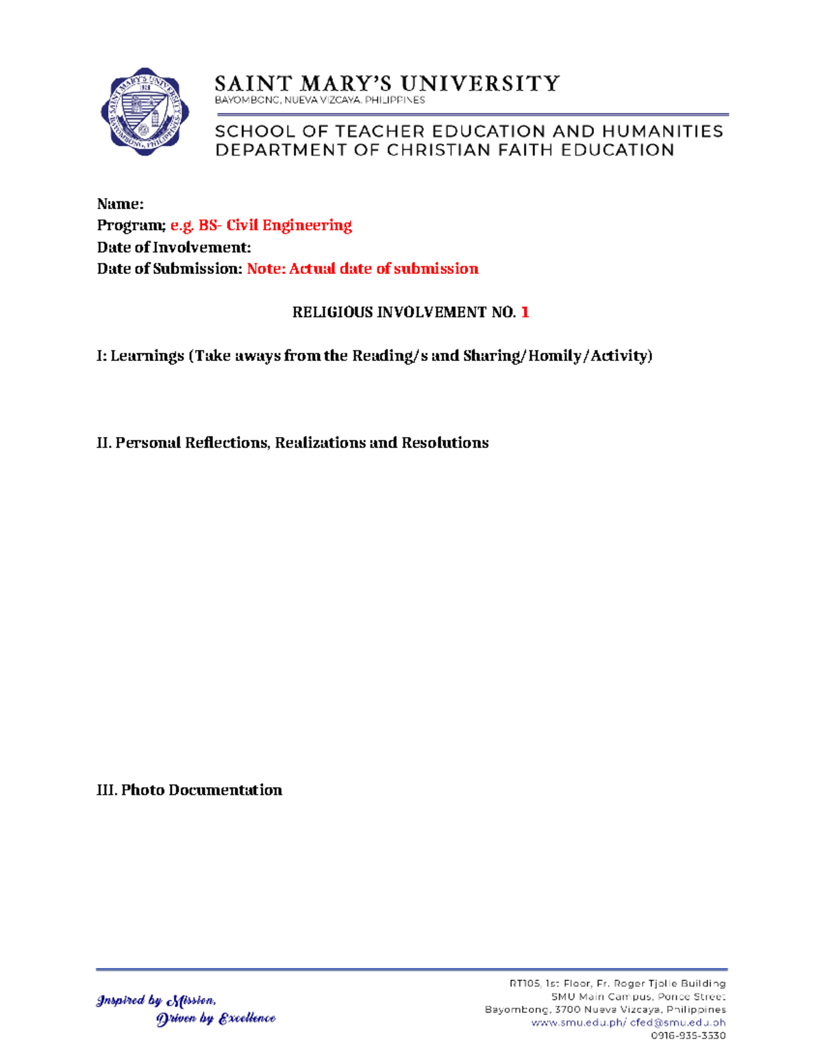 Format - Religious Involvement - Religious Education - Name: Program; e ...