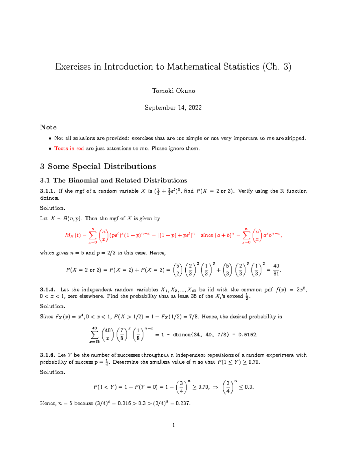 Ch3 sol - Exercises in Introduction to Mathematical Statistics (Ch. 3 ...