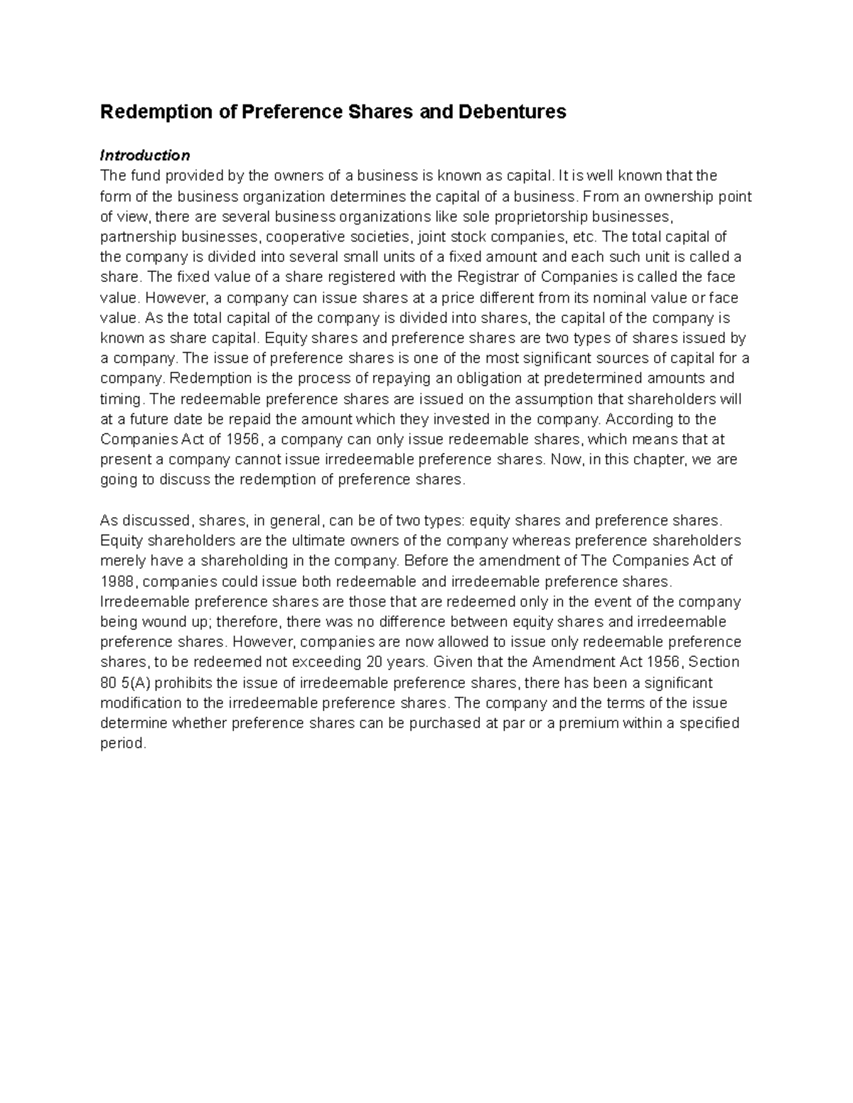 Redemption of Preference Shares and Debentures - Redemption of ...