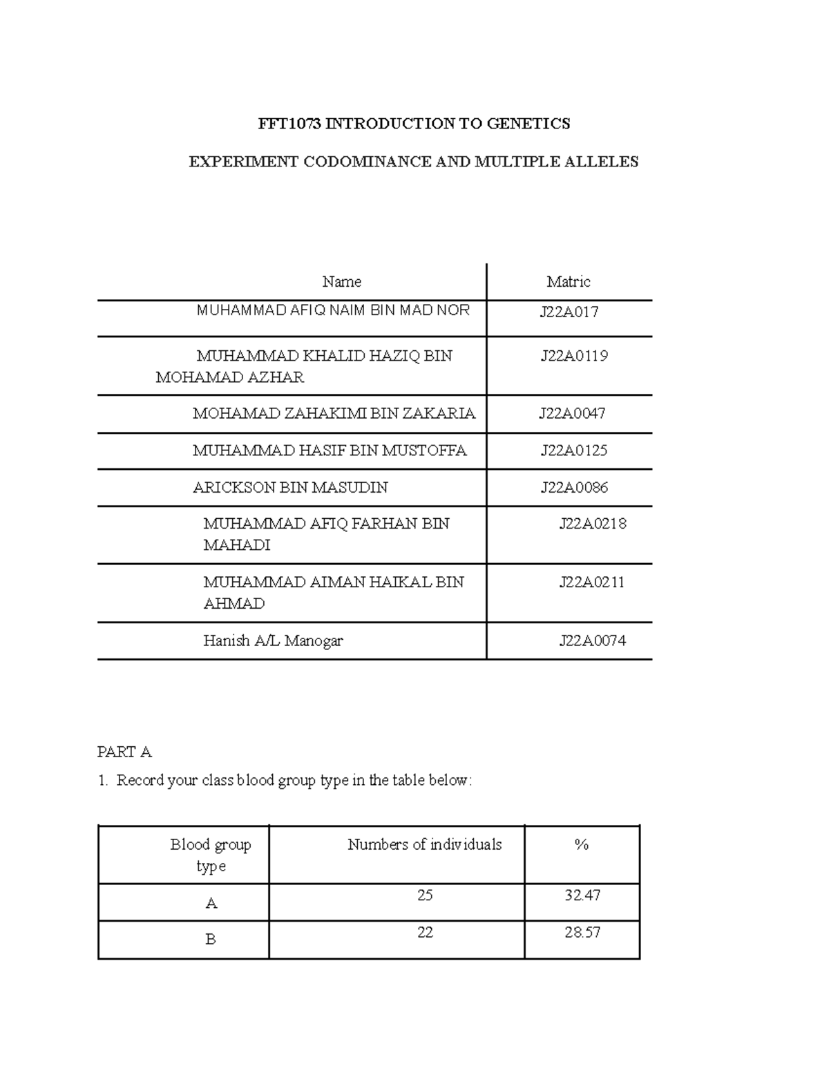Experiment Codominance AND Multiple Alleles - FFT1073 INTRODUCTION TO ...