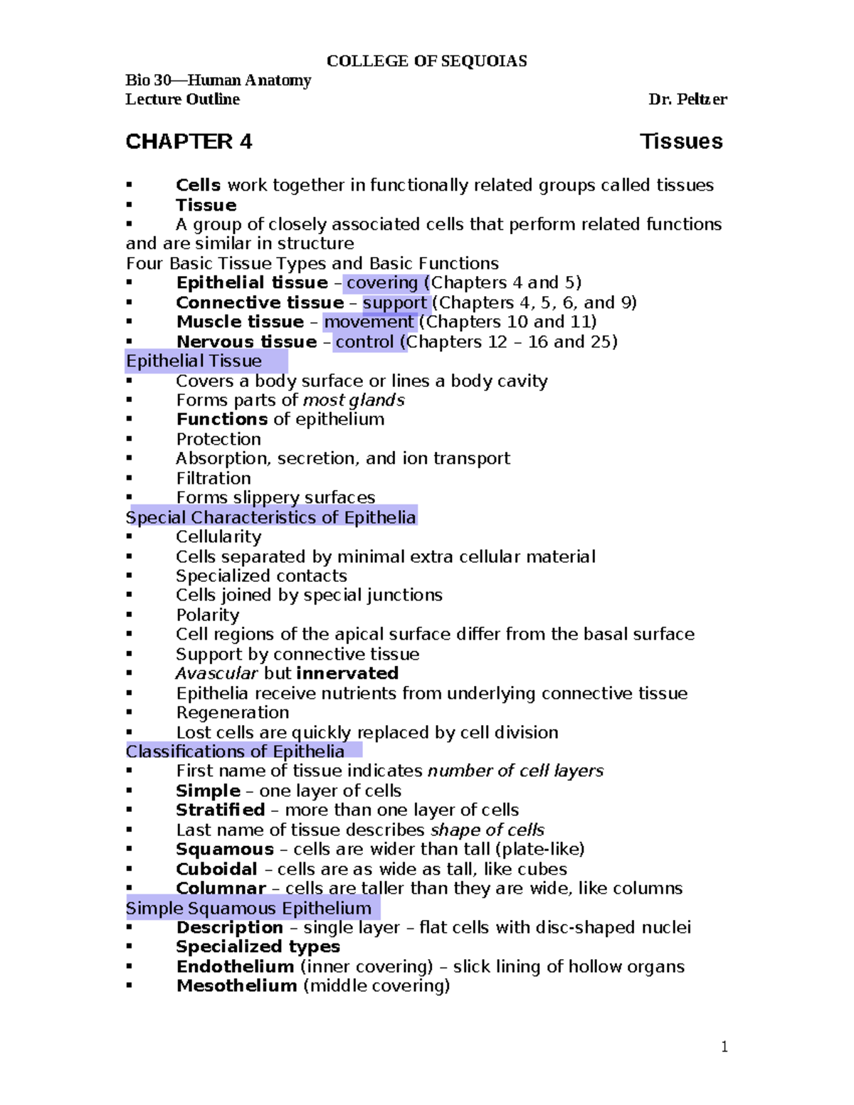 Ch. 4 Outline - Bio 30—Human Anatomy Lecture Outline Dr. Peltzer ...