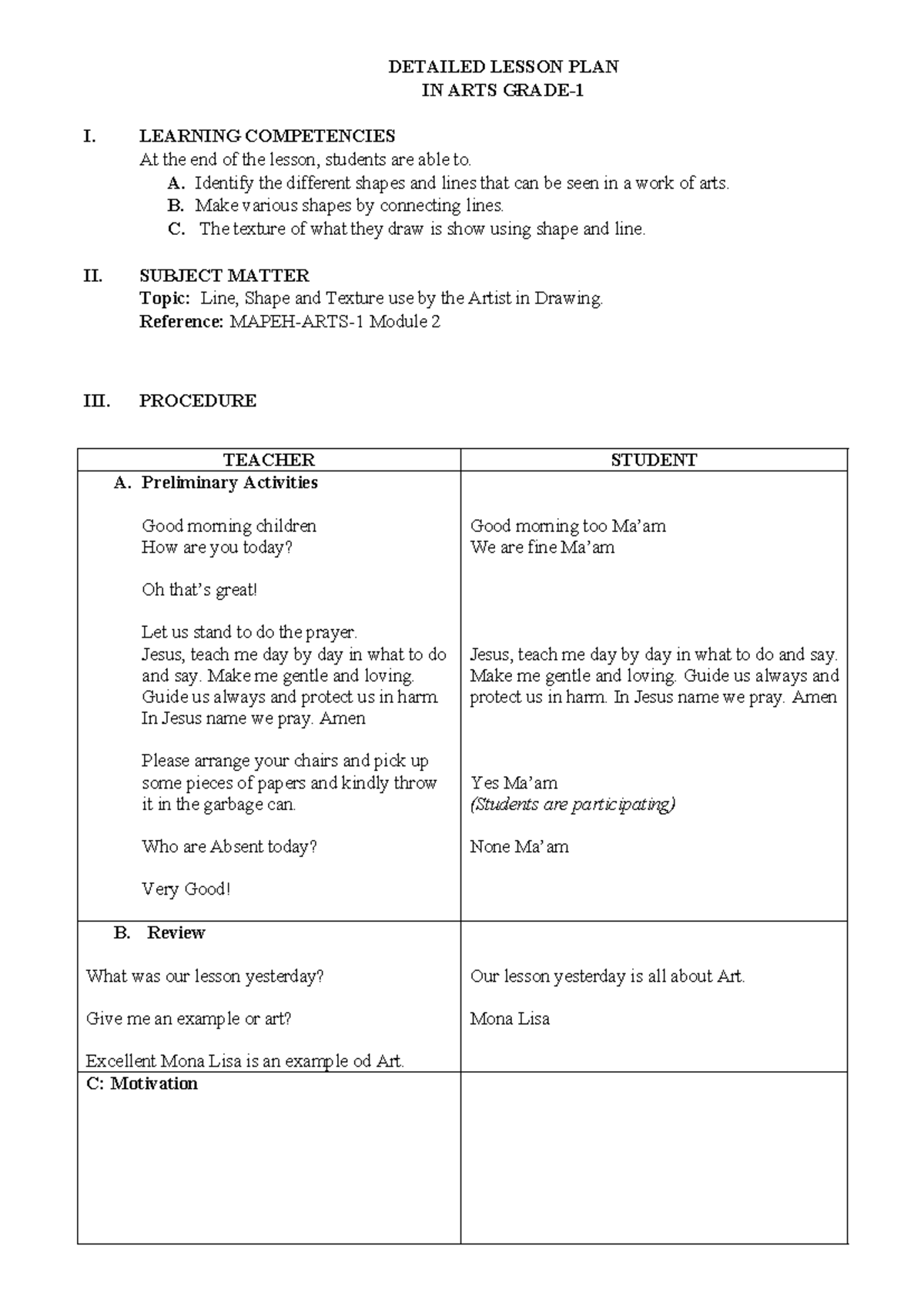 Detailed Lesson PLAN in arts - DETAILED LESSON PLAN IN ARTS GRADE- I ...