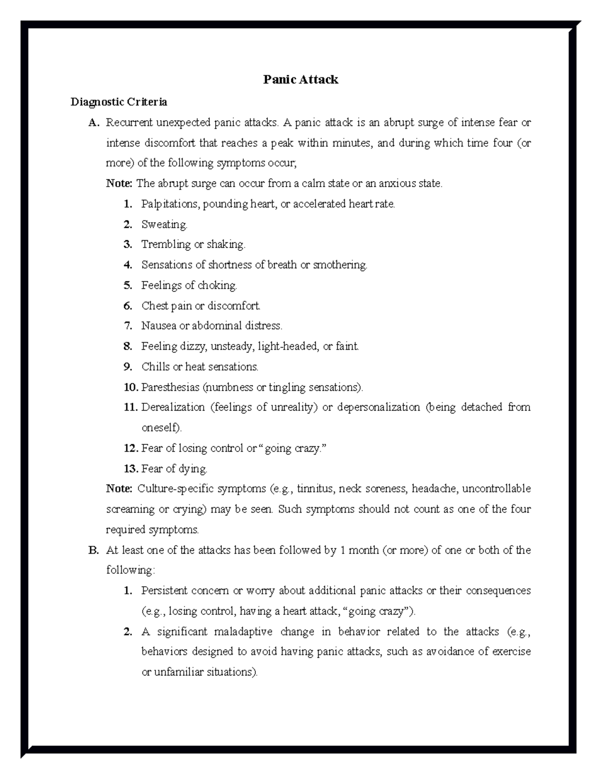 Panic Attack Assignment - Panic Attack Diagnostic Criteria A. Recurrent ...