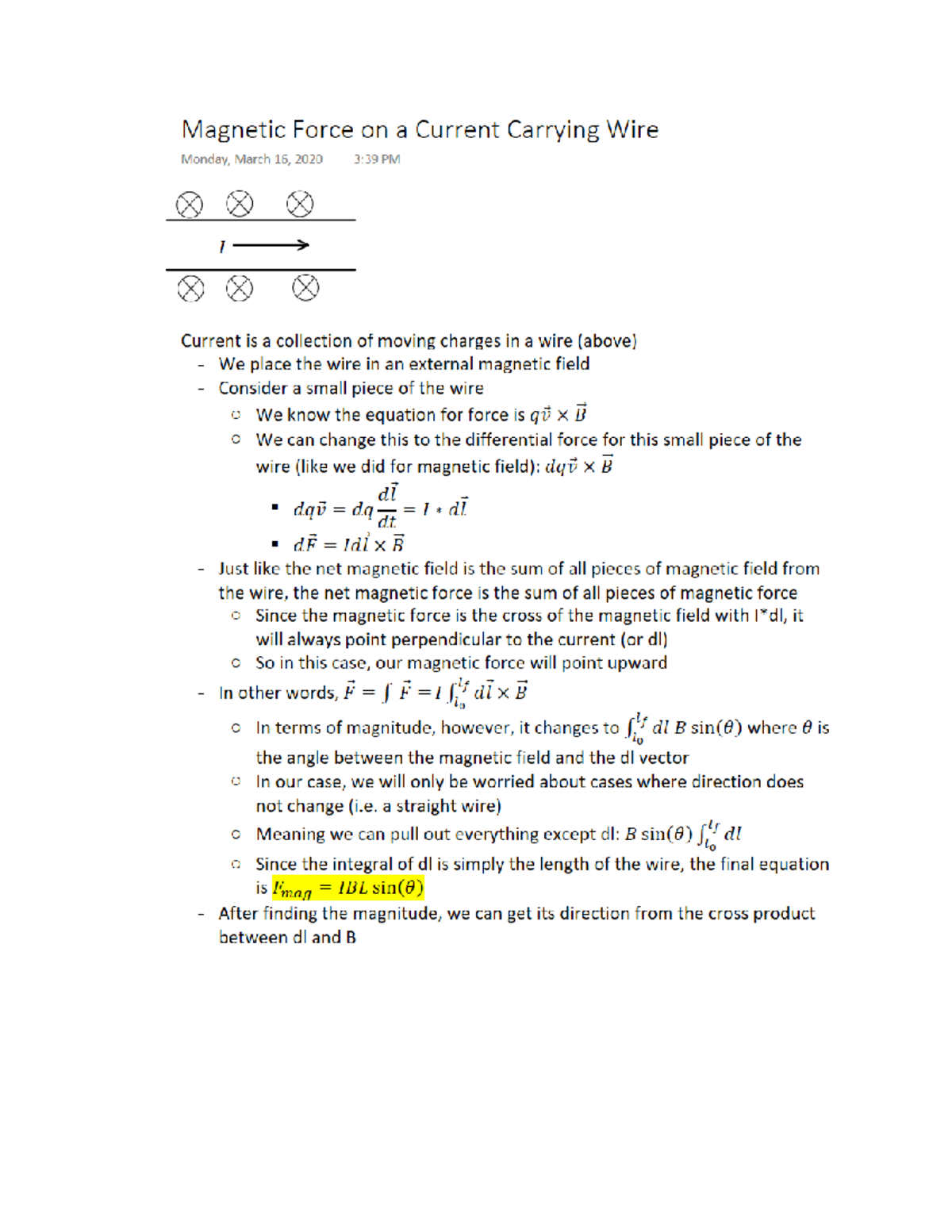 Magnetic Force of a Wire - PHY 184 - Studocu