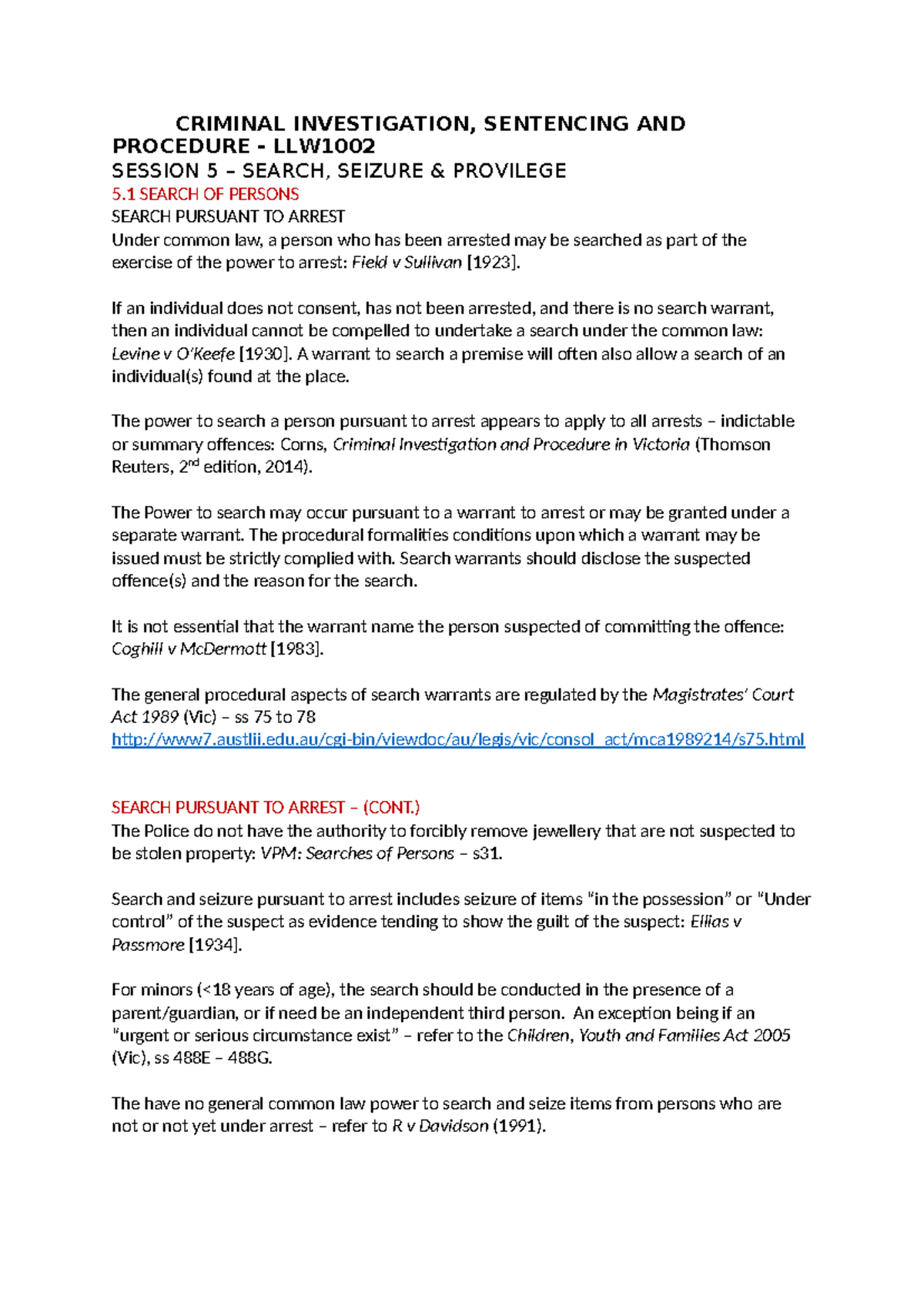 LLW1002 Class Session NOTE 5 - CRIMINAL INVESTIGATION, SENTENCING AND ...