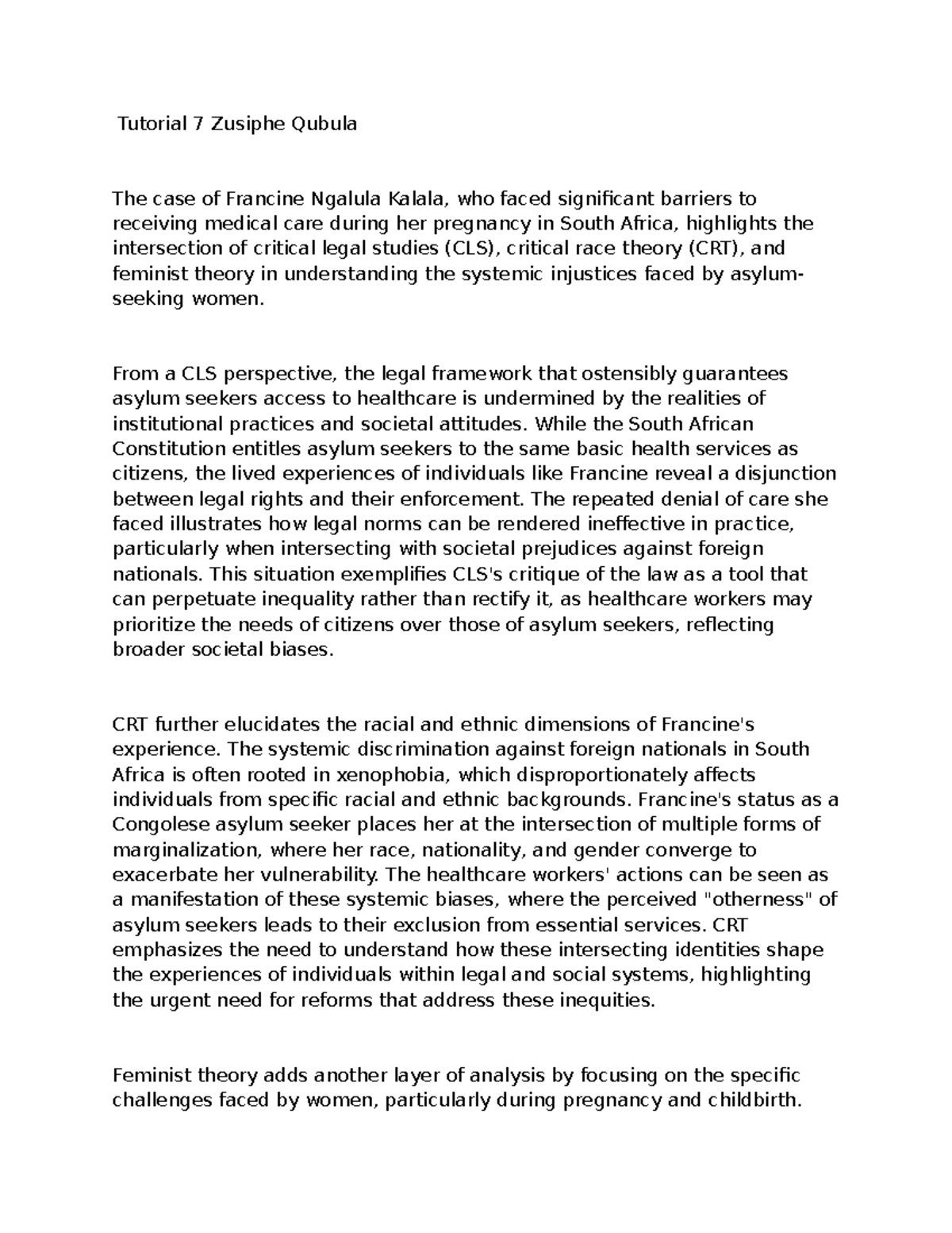 Juris tutorial 7 - memo on tut 7 - Tutorial 7 Zusiphe Qubula The case ...