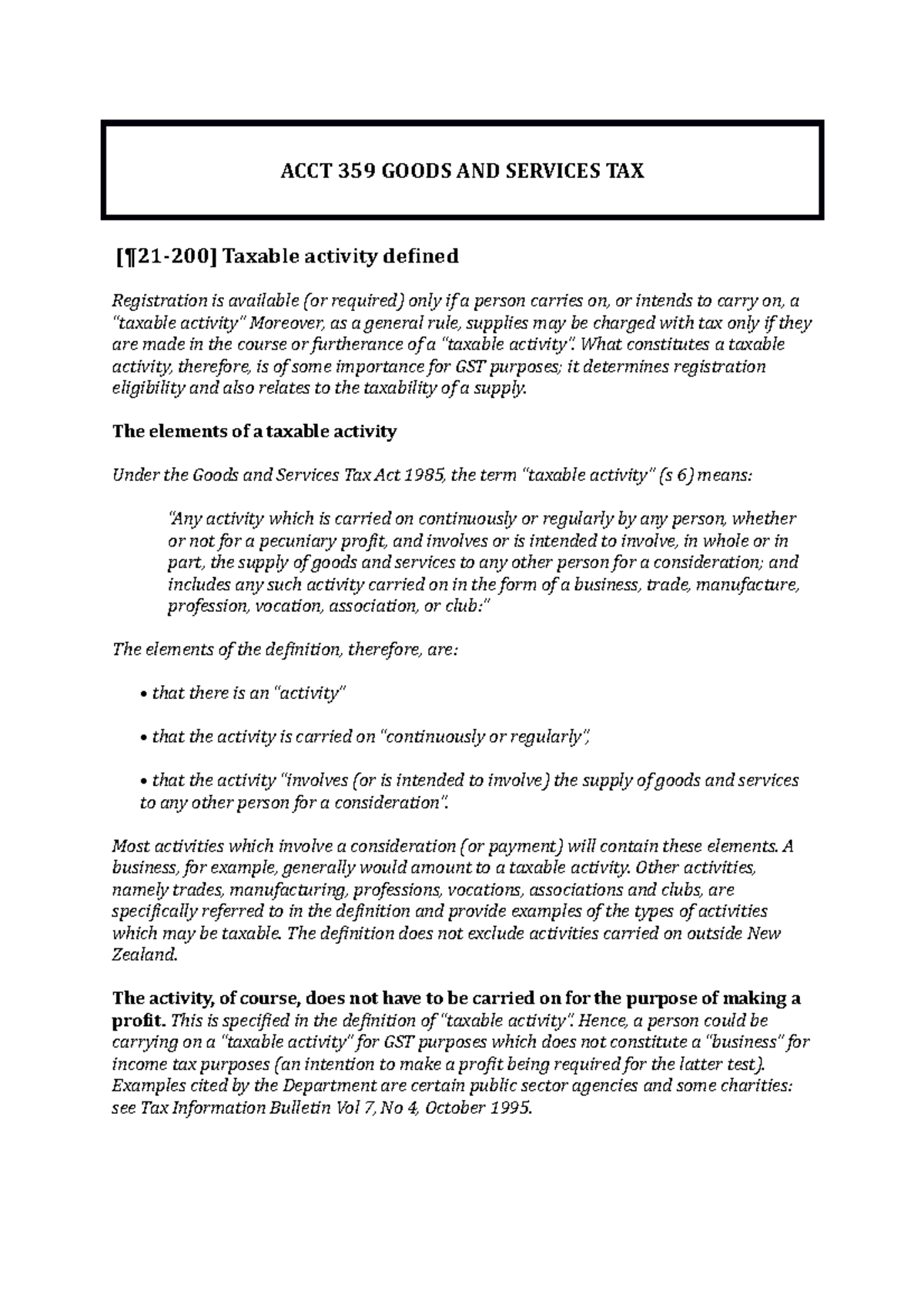 GST Taxable activity summary - ACCT 359 GOODS AND SERVICES TAX [¶21-200 ...
