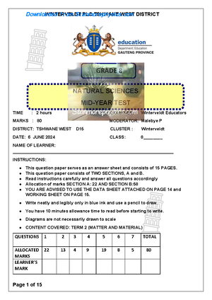 NS GR 8 PLC Controlled Test Memorandum 2024 Term 3 - Term 1 Grade 8 NS ...