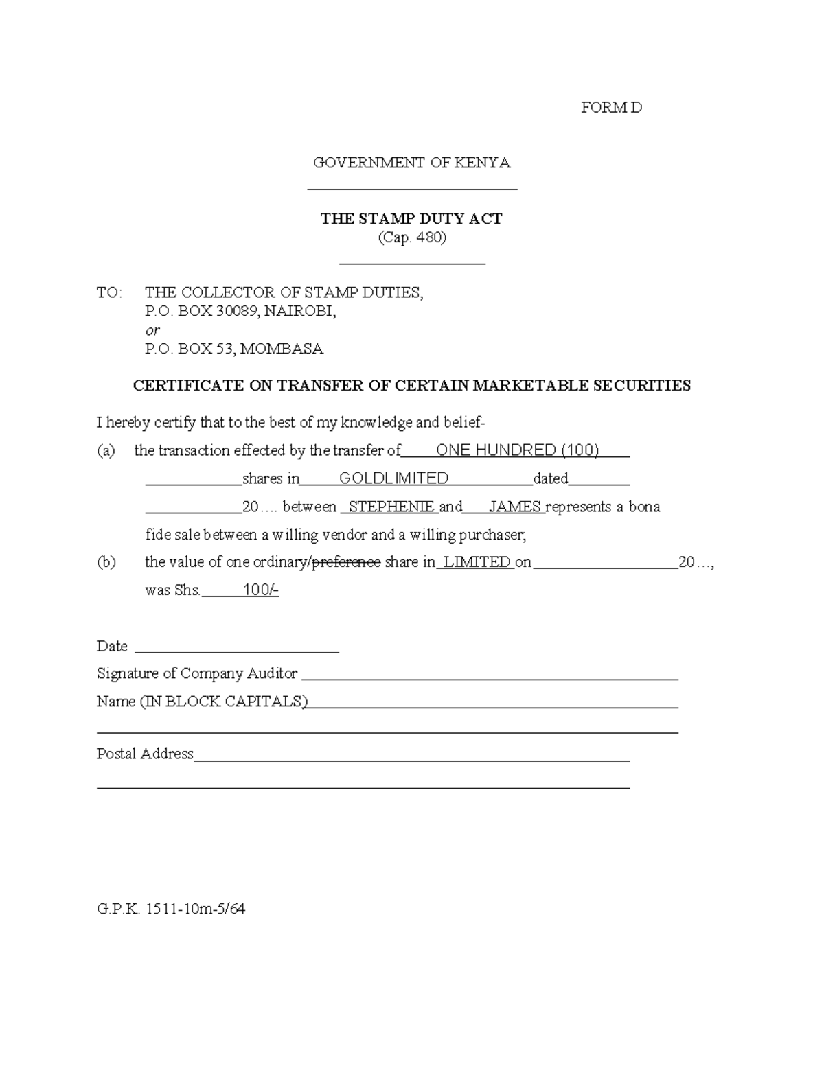 FORM D - FORM D GOVERNMENT OF KENYA __________________________ THE ...