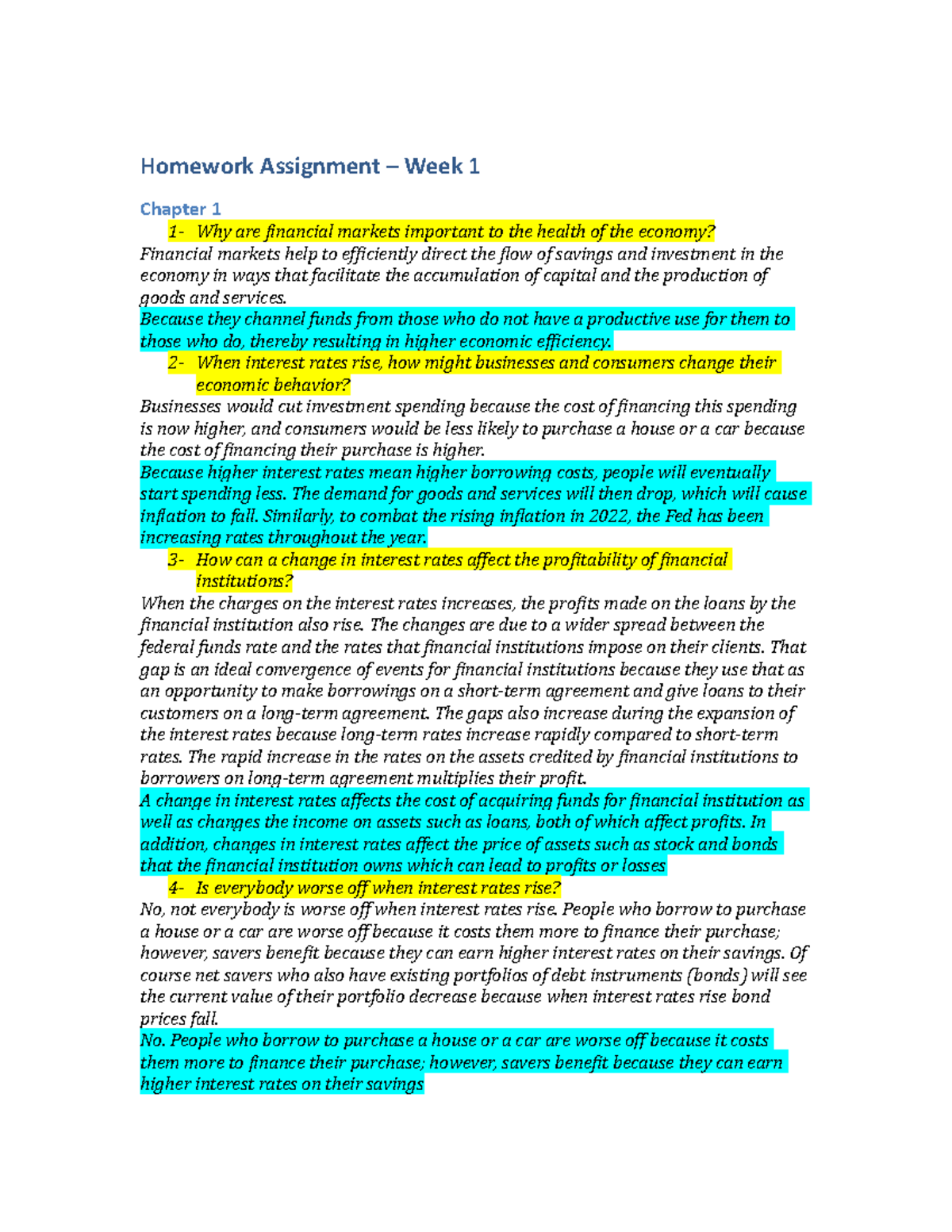 05.09 Homework Assignment – Week 1 - Homework Assignment – Week 1 Chapter 1 1- Why are financial ...