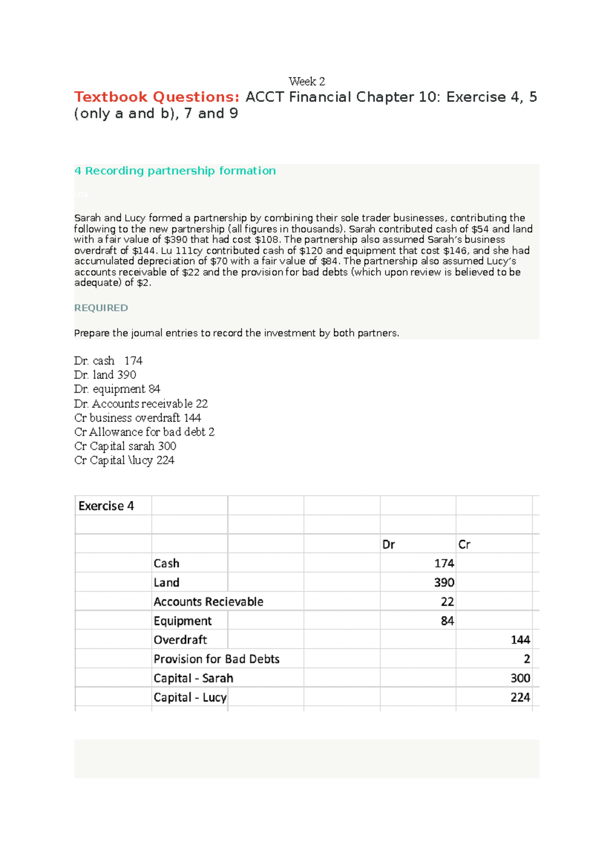 14256162 partnership homework - Week 2 Textbook Questions: ACCT ...