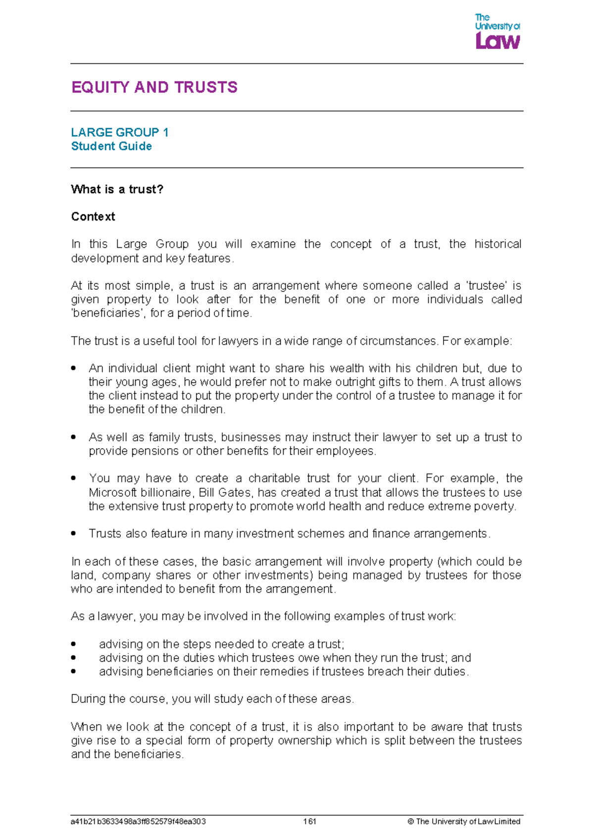 LG1 - lecture - EQUITY AND TRUSTS LARGE GROUP 1 Student Guide What is a trust? Context In this ...