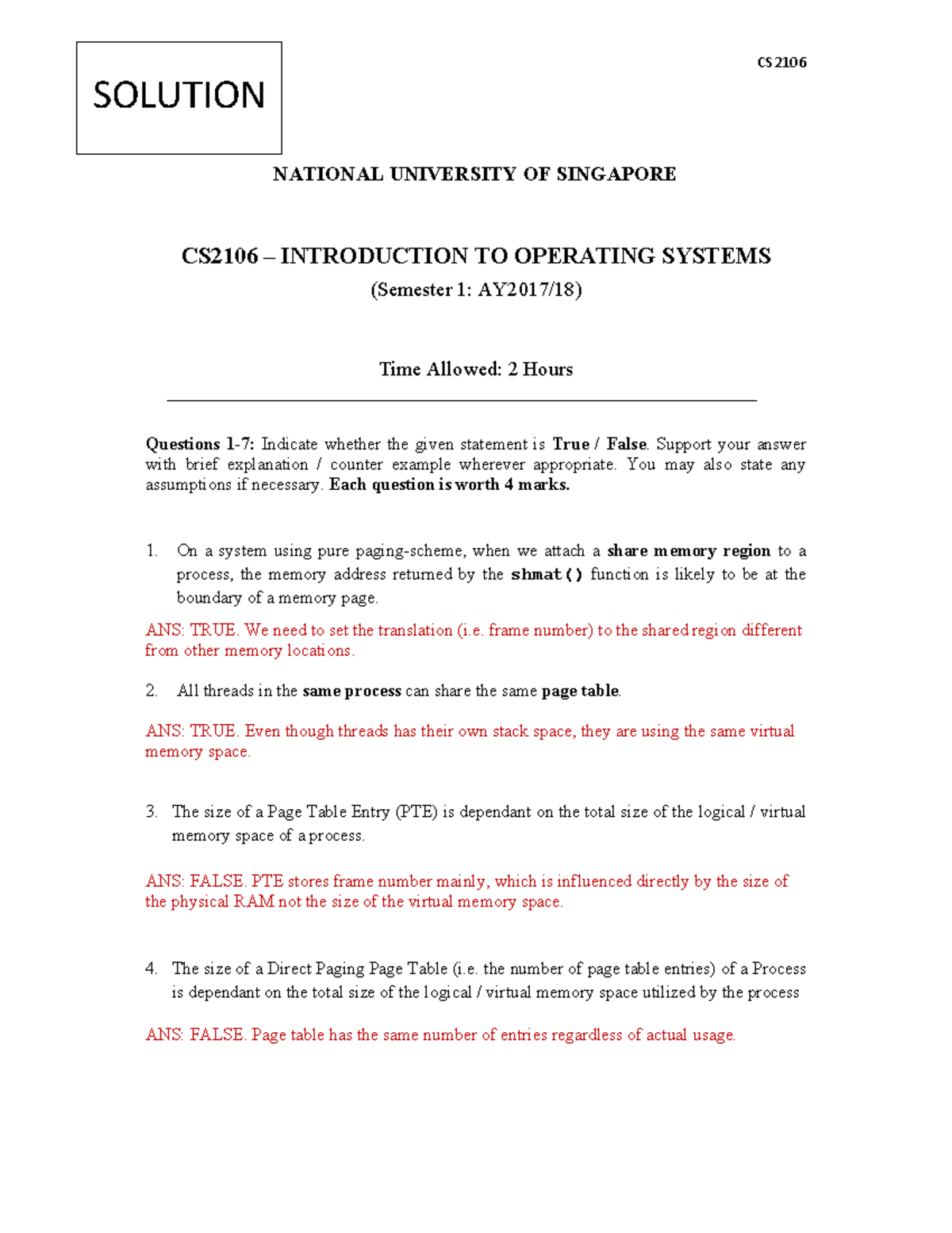 Cs2106 1718s1 exam solution - CS2106 - NUS - Studocu