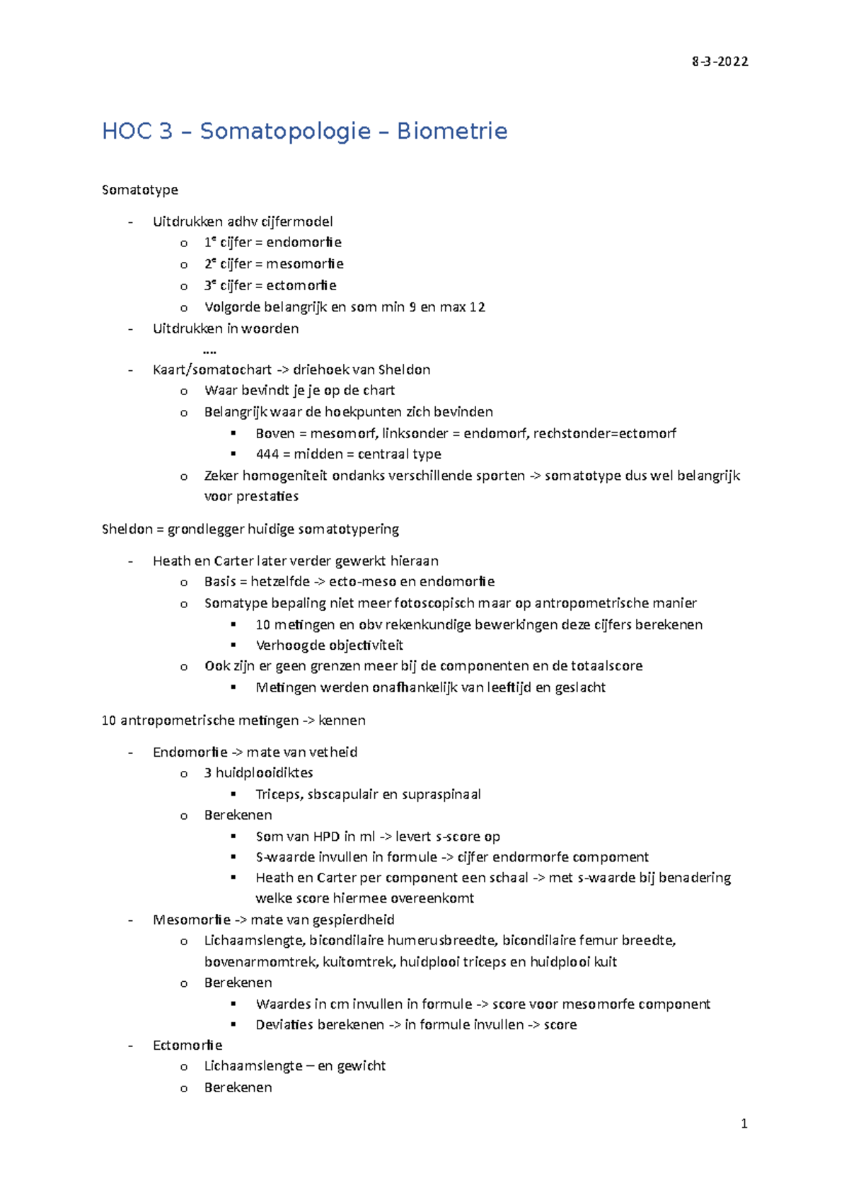 HOC 3 – Somatopologie – Biometrie - 8-3- HOC 3 – Somatopologie – Biometrie Somatotype Uitdrukken ...