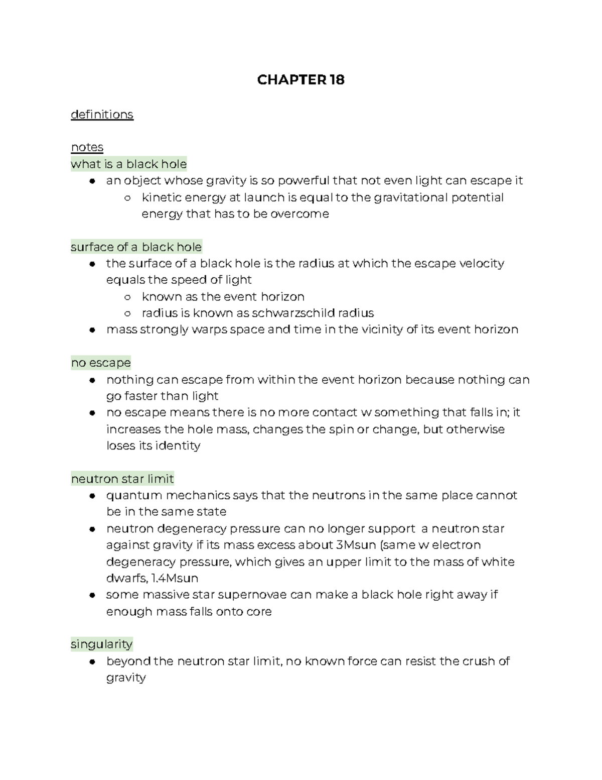 astronomy chapter 18 - CHAPTER 18 definitions notes what is a black ...
