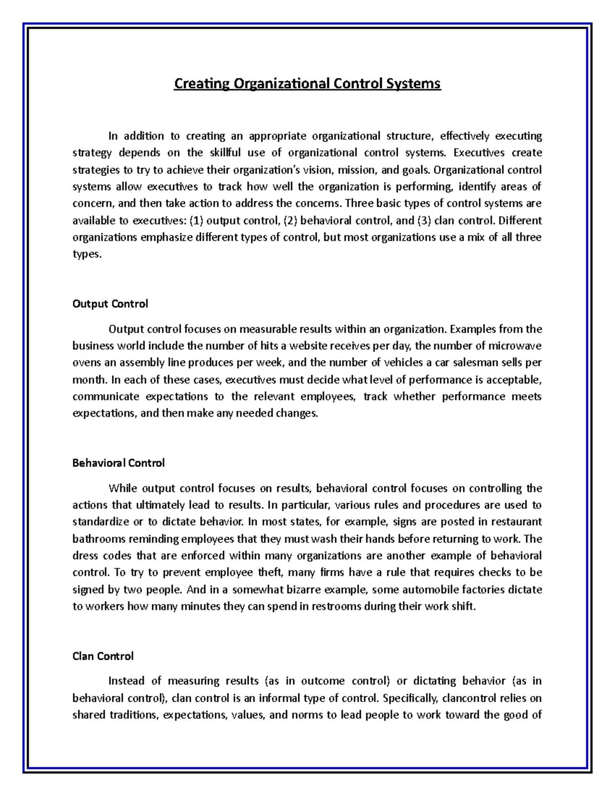 Creating Organizational Control Systems - Strategic Management - TIP ...