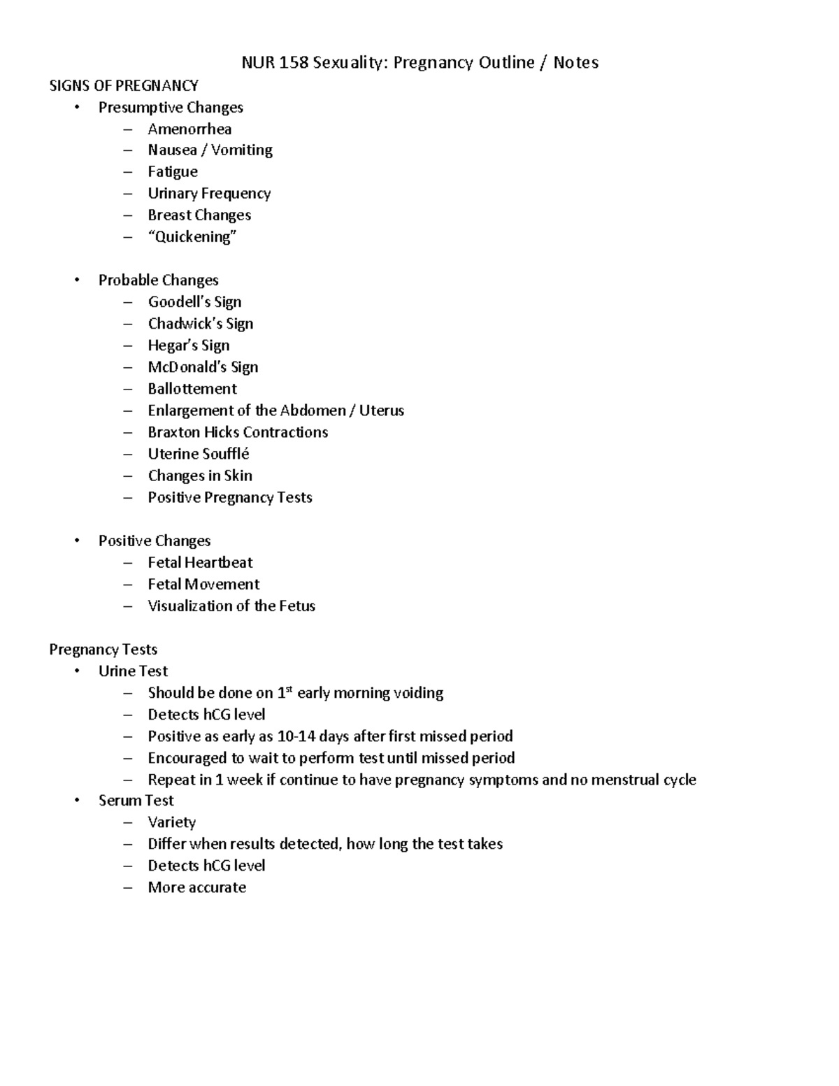 158 Pregnancy Outline ^0 Notes - NUR 158 Sexuality: Pregnancy Outline ...