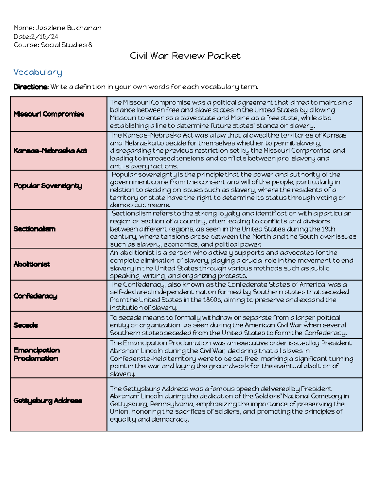 Copy of 2 12 Civil War Review Packet - Name: Jaszlene Buchanan Date:2 ...