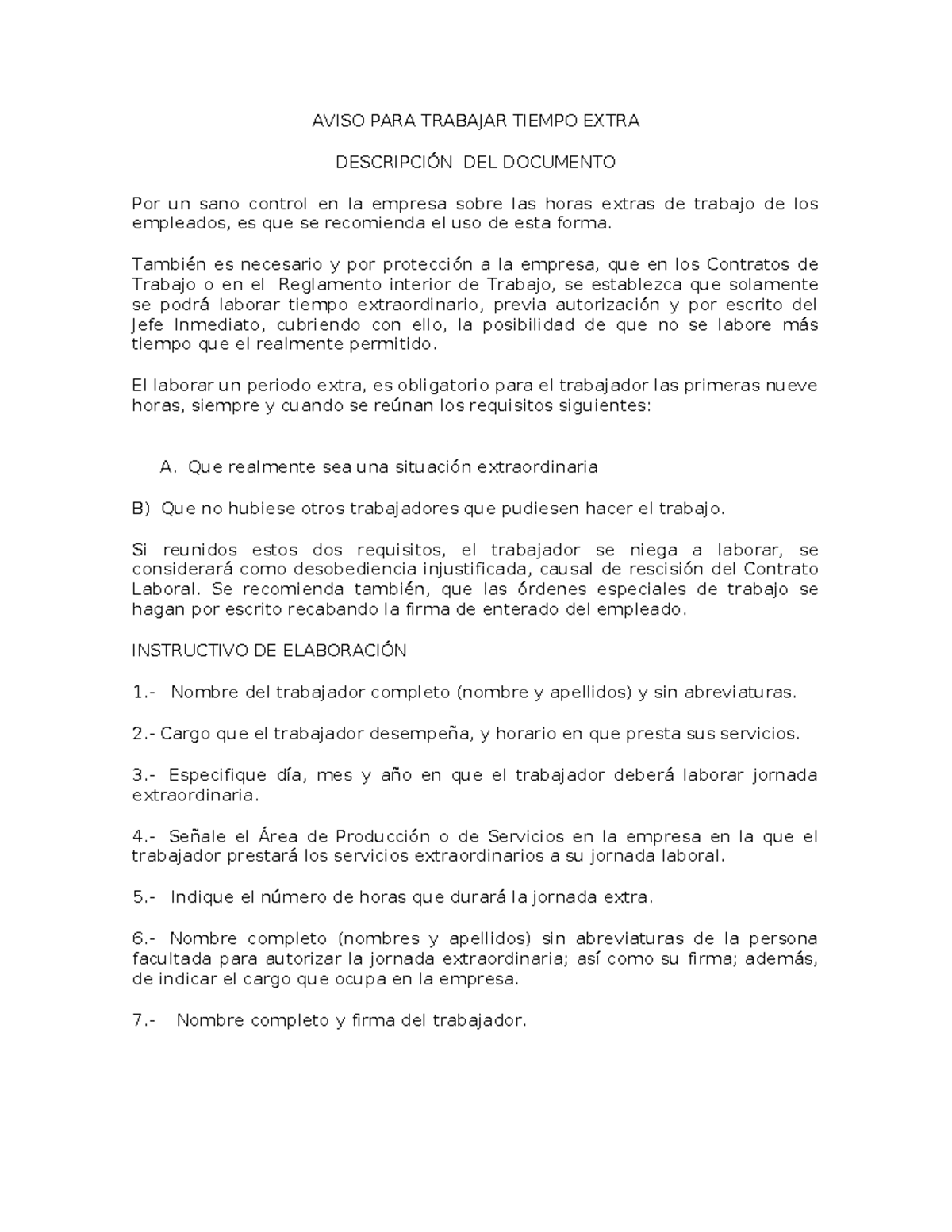 Aviso PARA Trabajar Tiempo Extra - AVISO PARA TRABAJAR TIEMPO EXTRA ...