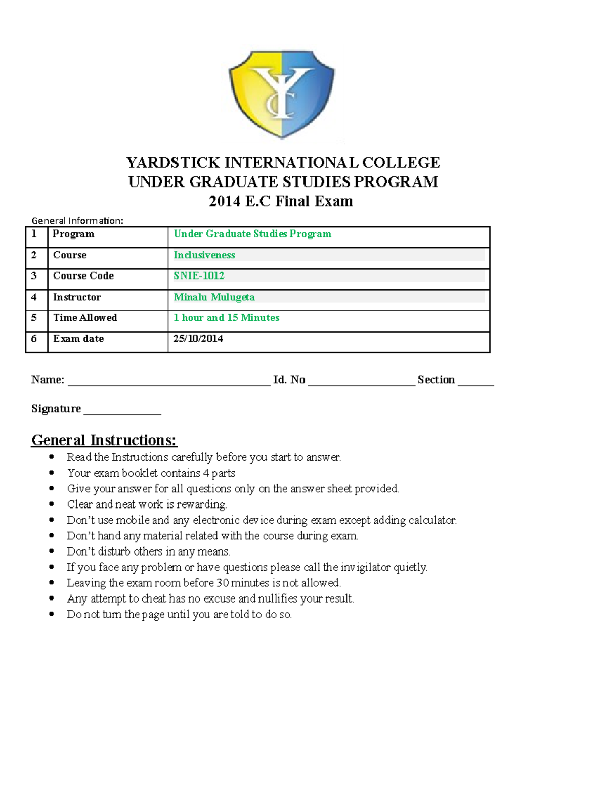 Inclusiveness-1012 final exam (June 2014 ) - YARDSTICK INTERNATIONAL ...