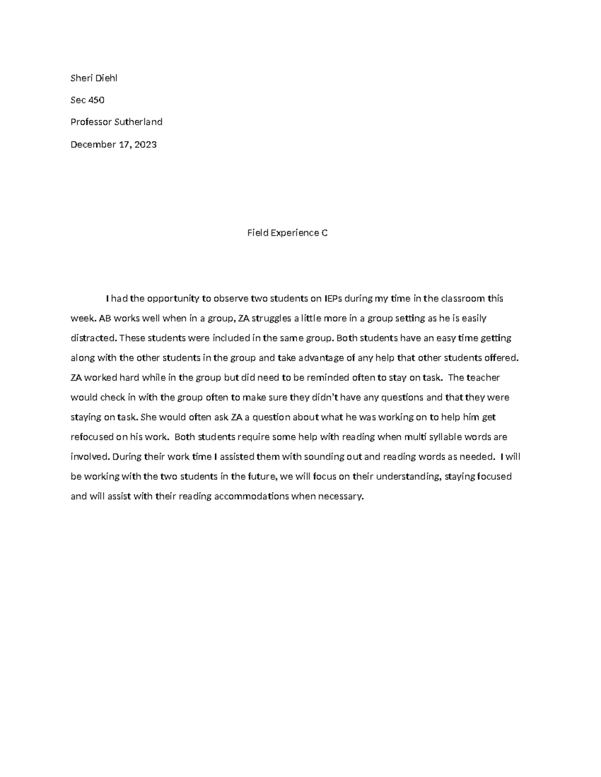 Field Experience C Sec450 - Sheri Diehl Sec 450 Professor Sutherland ...