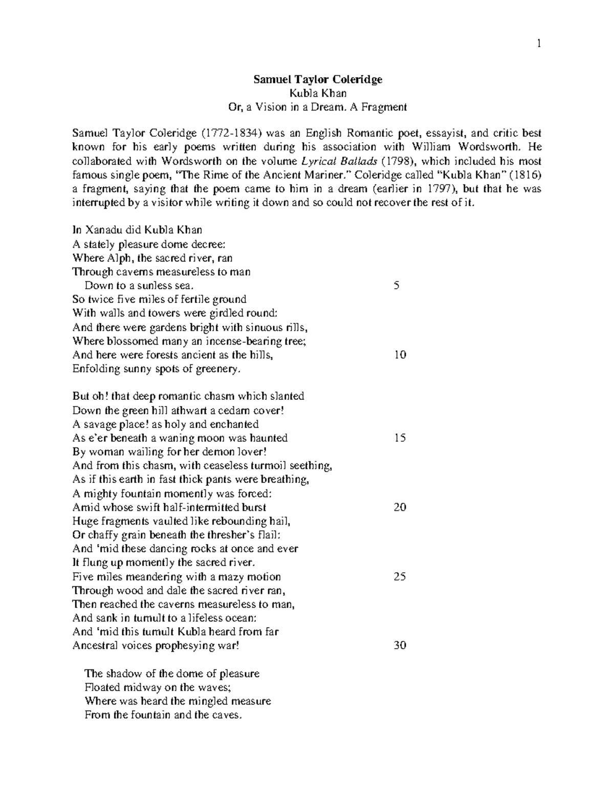 Kubla khan - DFG - 1 Samuel Taylor Coleridge Kubla Khan Or, a Vision in ...
