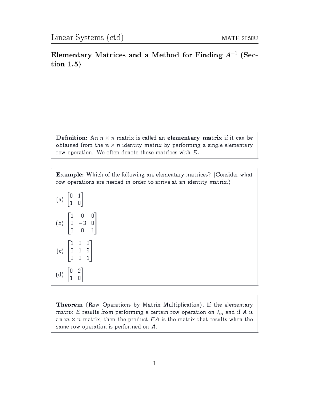 2050 Lecture 5 bw - need docs - Linear Systems (ctd) MATH 2050U ...