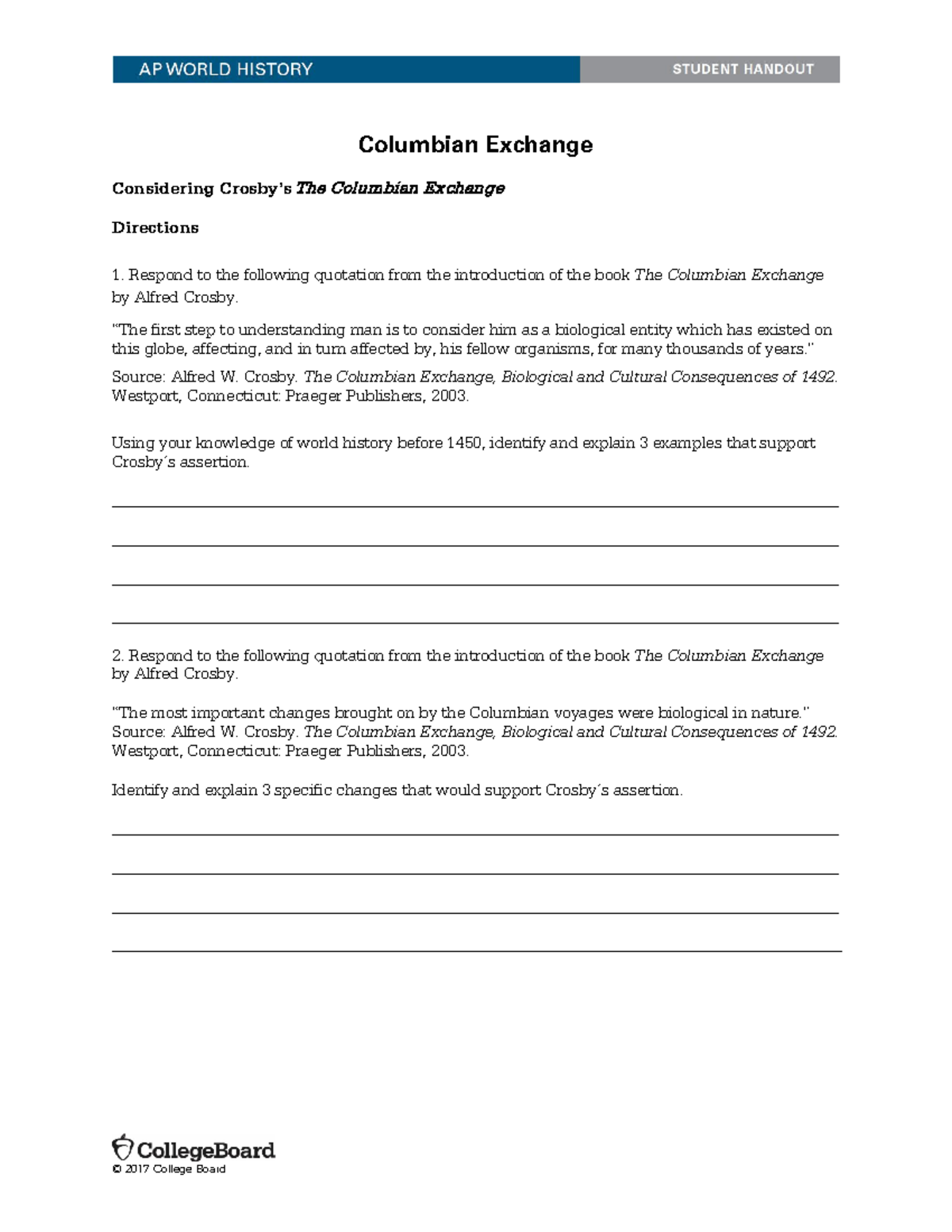 Handout (Student) - Columbian Exchange - Columbian Exchange Considering ...