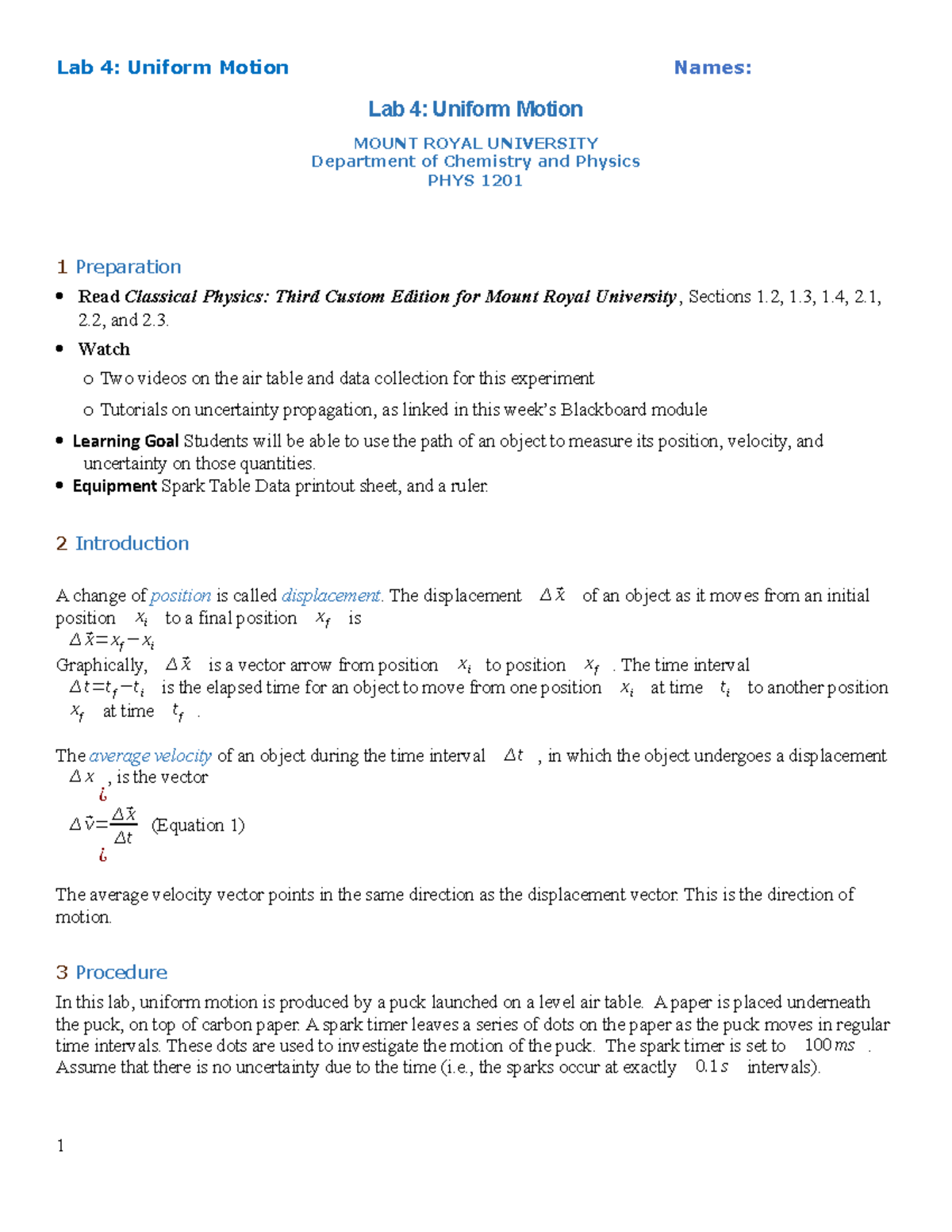 Lab 4 - physics - Lab 4: Uniform Motion MOUNT ROYAL UNIVERSITY ...
