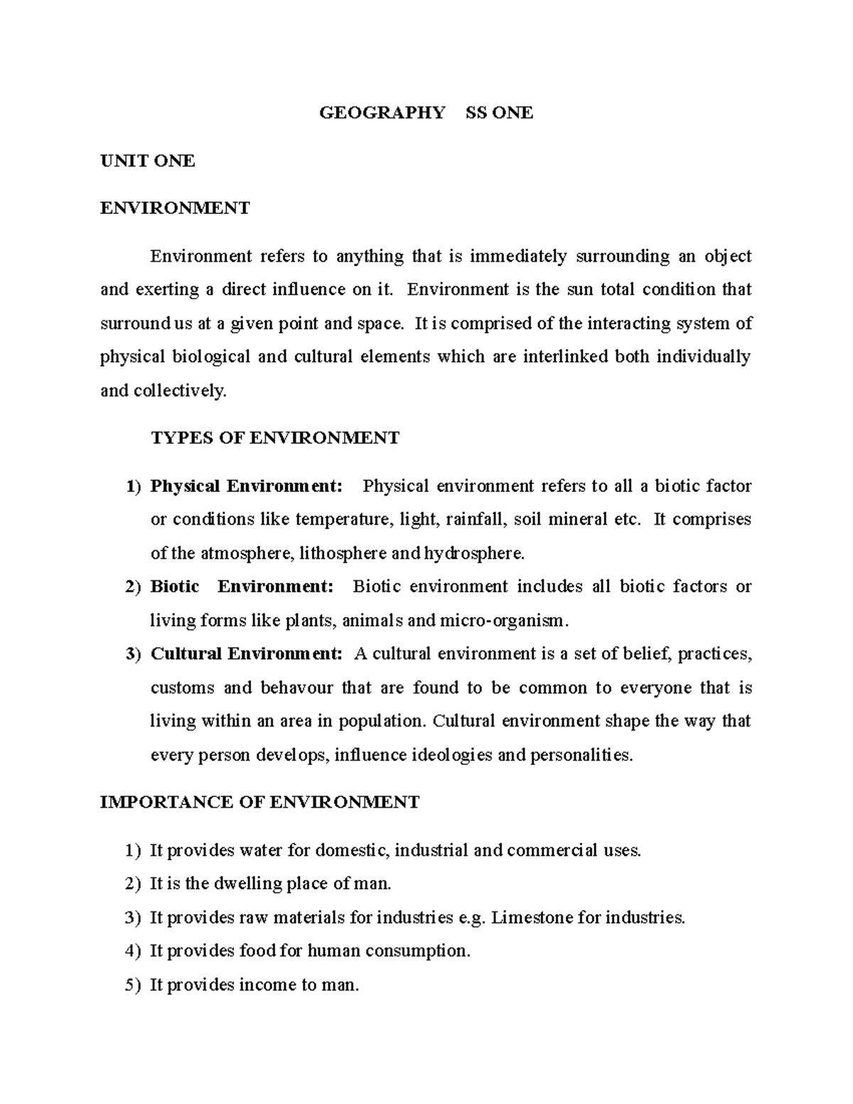 Geography SS ONE - EXAM - GEOGRAPHY SS ONE UNIT ONE ENVIRONMENT ...