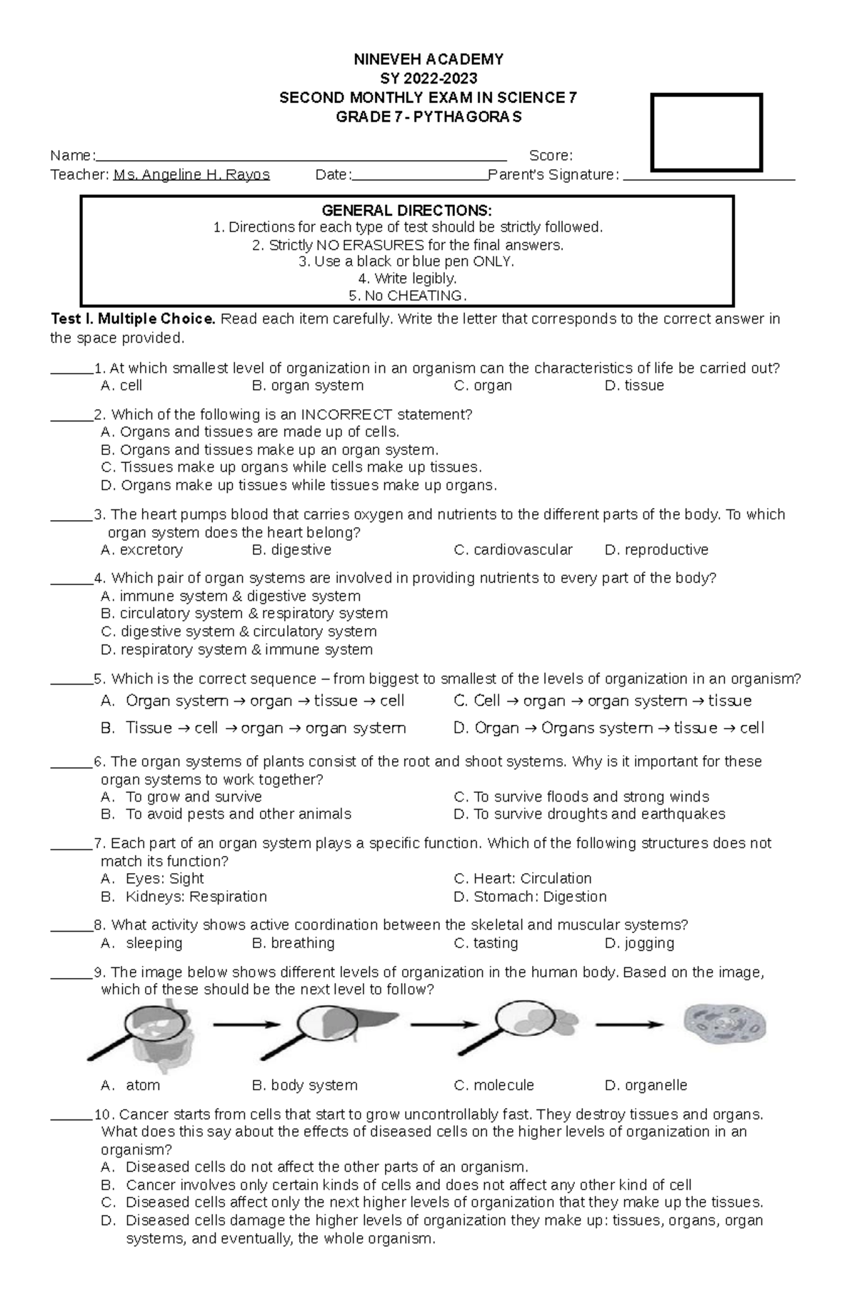 2nd MT Science 7 - NINEVEH ACADEMY SY 2022- SECOND MONTHLY EXAM IN ...