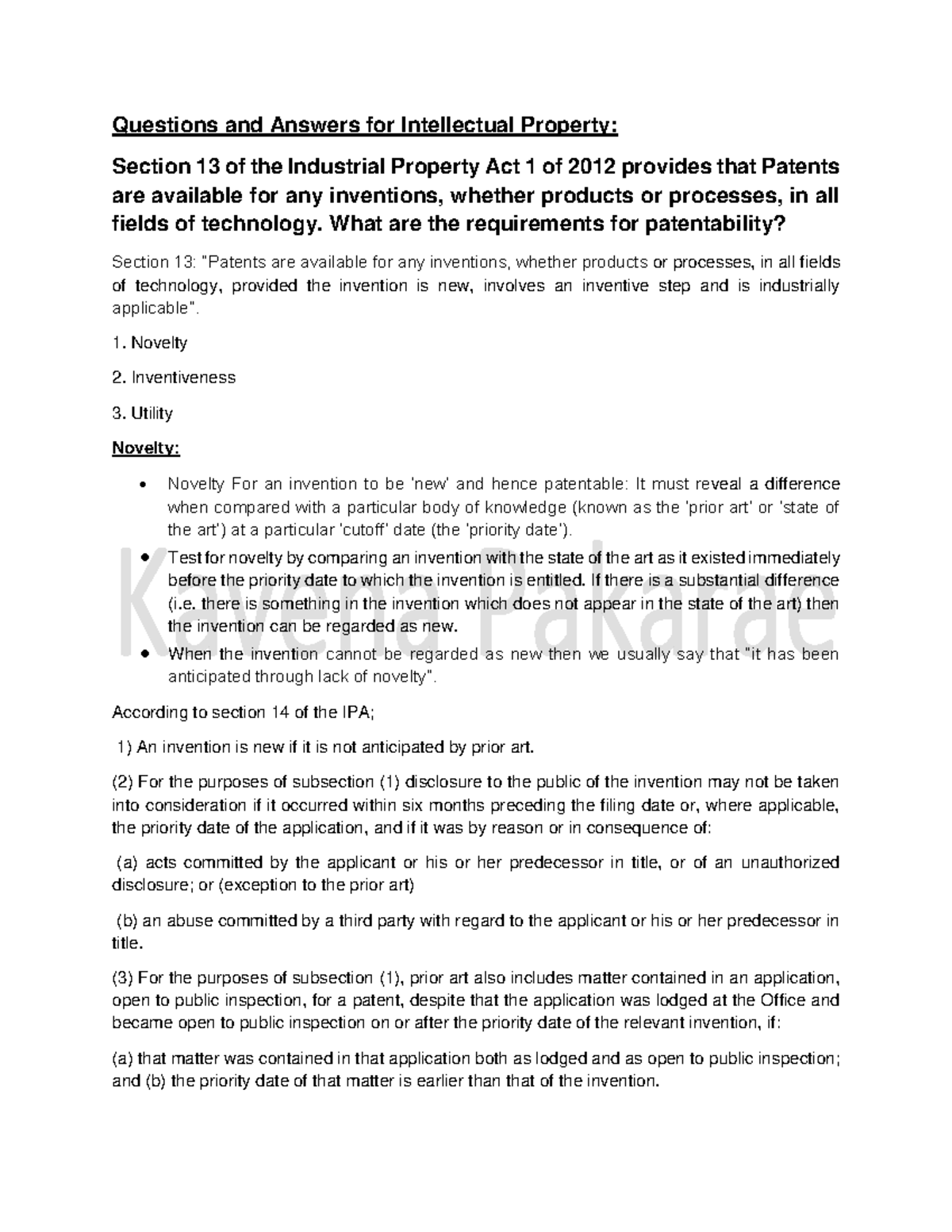 Questions and Answers for Intellectual Property done by Kavena Pakrae ...