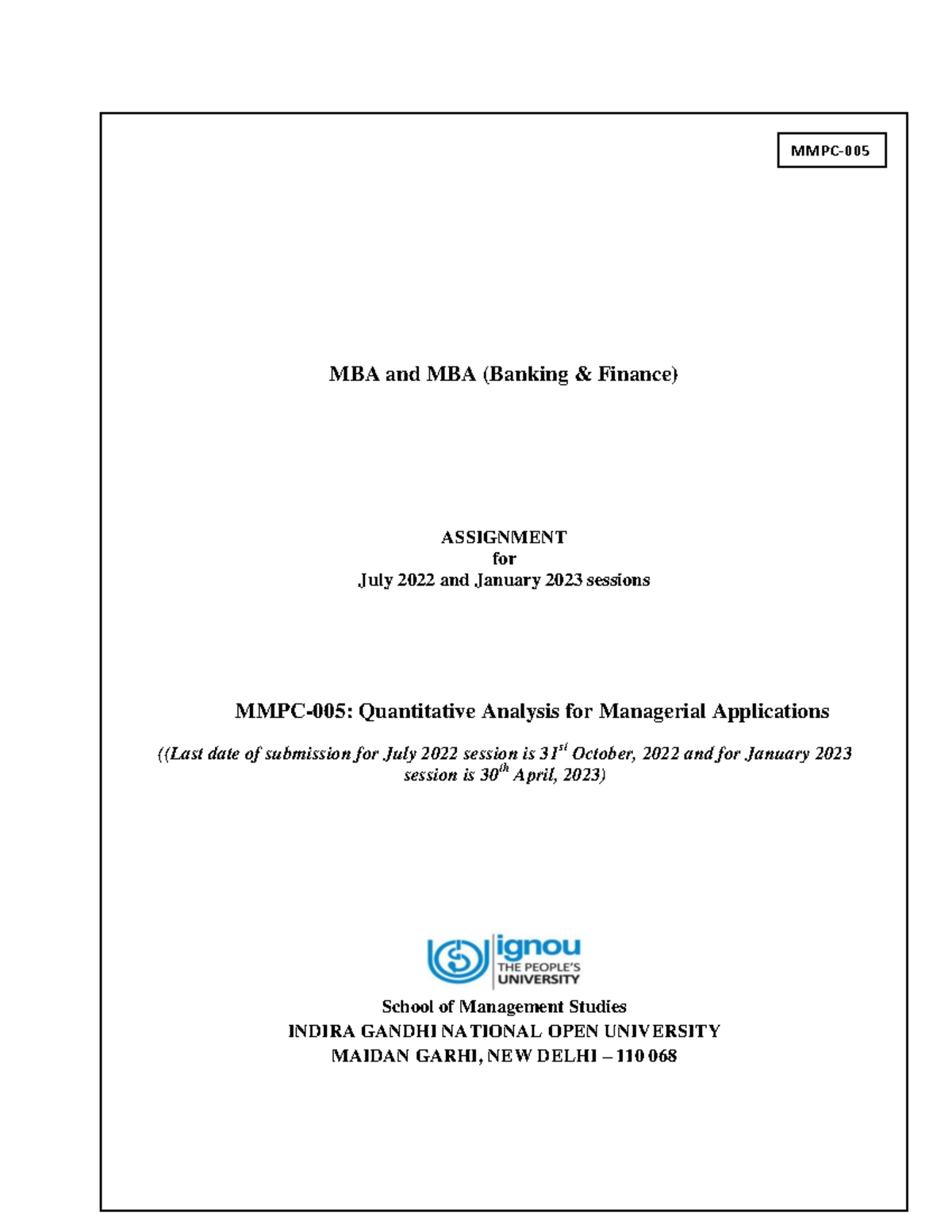 MMPC-005 - assignment - MBA and MBA (Banking Finance) ASSIGNMENT for ...