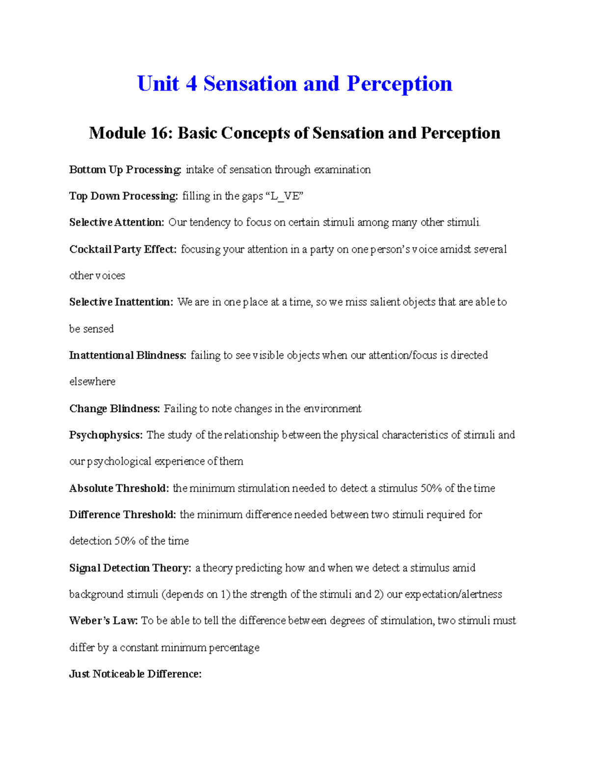 Psych Unit 4 Notes - Unit 4 Sensation and Perception Module 16: Basic ...
