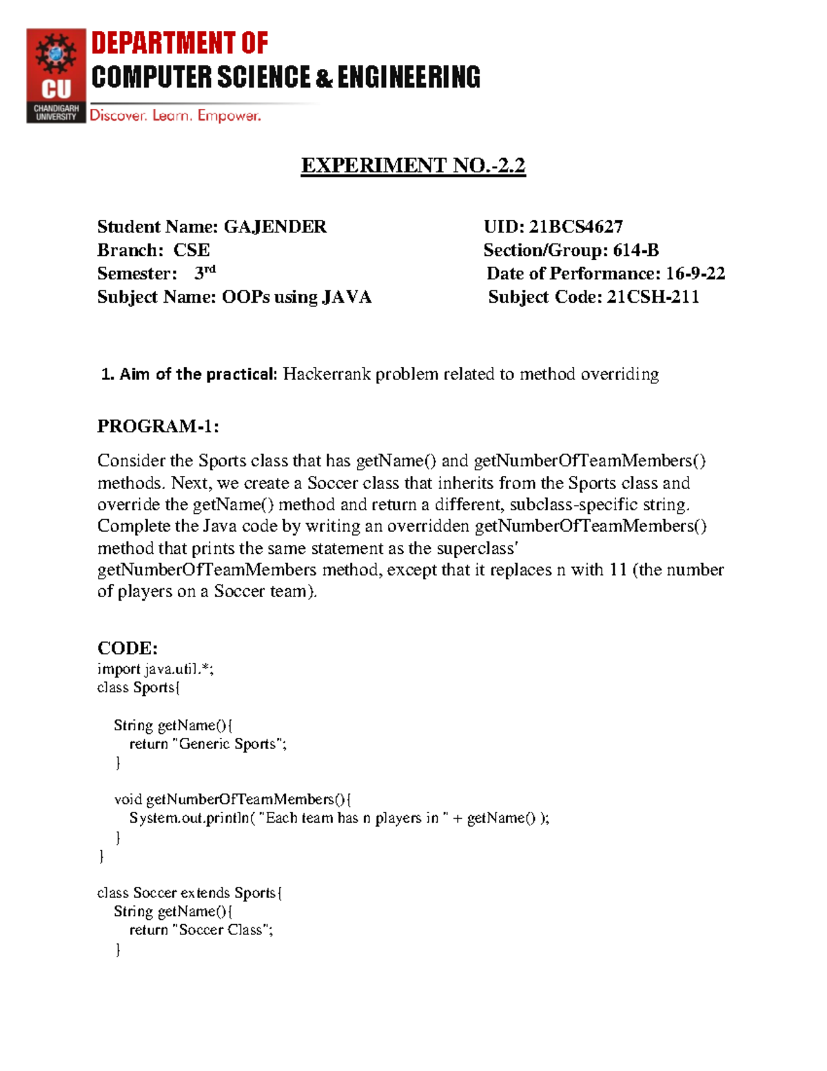 EXP-2 - ...... - DEPARTMENT OF COMPUTER SCIENCE & ENGINEERING EXPERIMENT NO.-2. Student Name ...