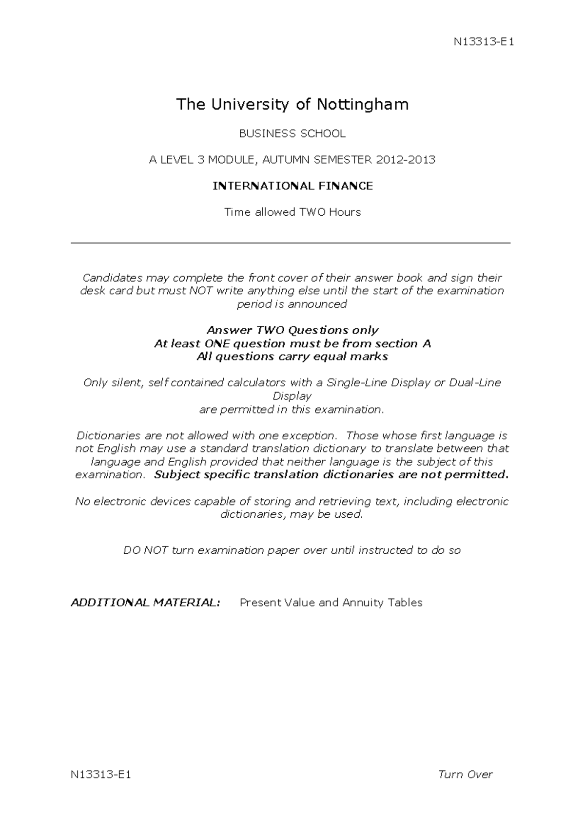 Exam 2013, questions - The University of Nottingham BUSINESS SCHOOL A LEVEL 3 MODULE, AUTUMN ...