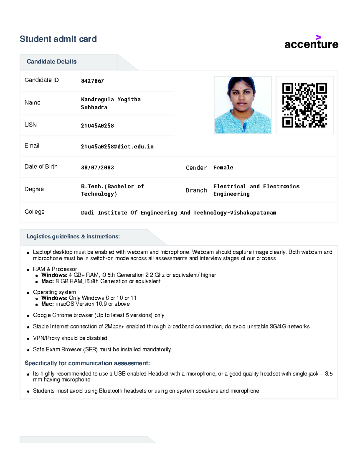 Accenture admit card - nothing - Student admit card Candidate ID 8427867 Name Kandregula Yogitha ...