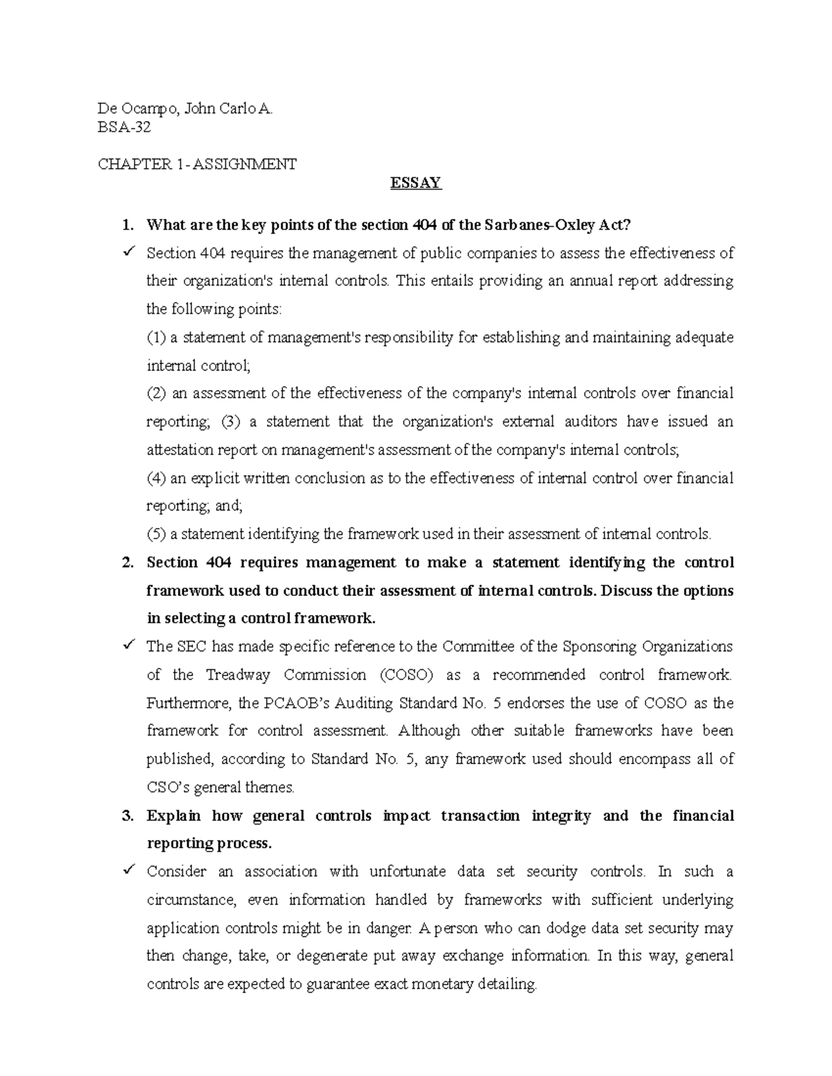 De Ocampo, John Carlo A. BSA-32 (Chapter 1- assignment) - De Ocampo, John Carlo A. BSA- CHAPTER ...