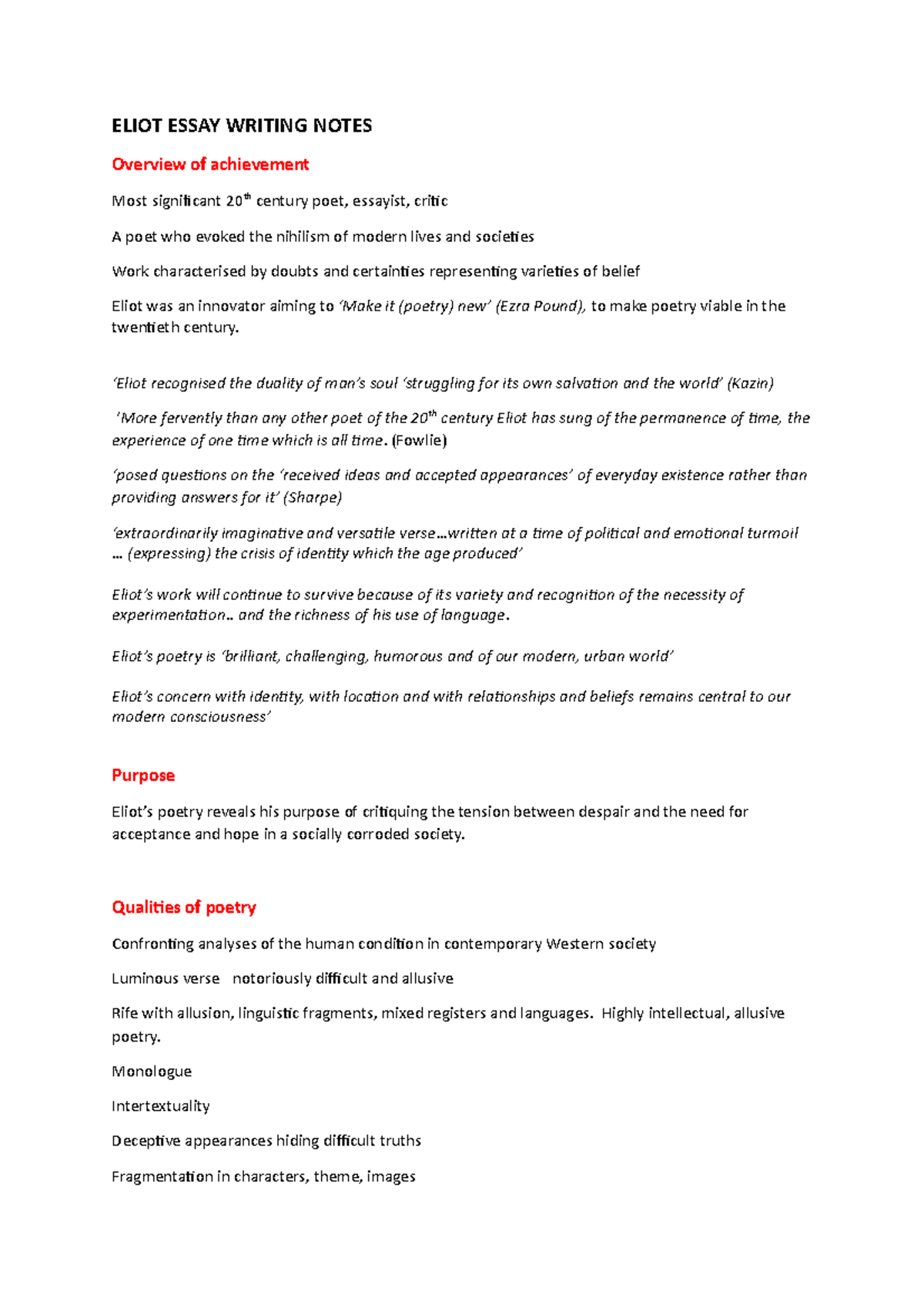 Eliot Essay Writing Notes - ELIOT ESSAY WRITING NOTES Overview of ...